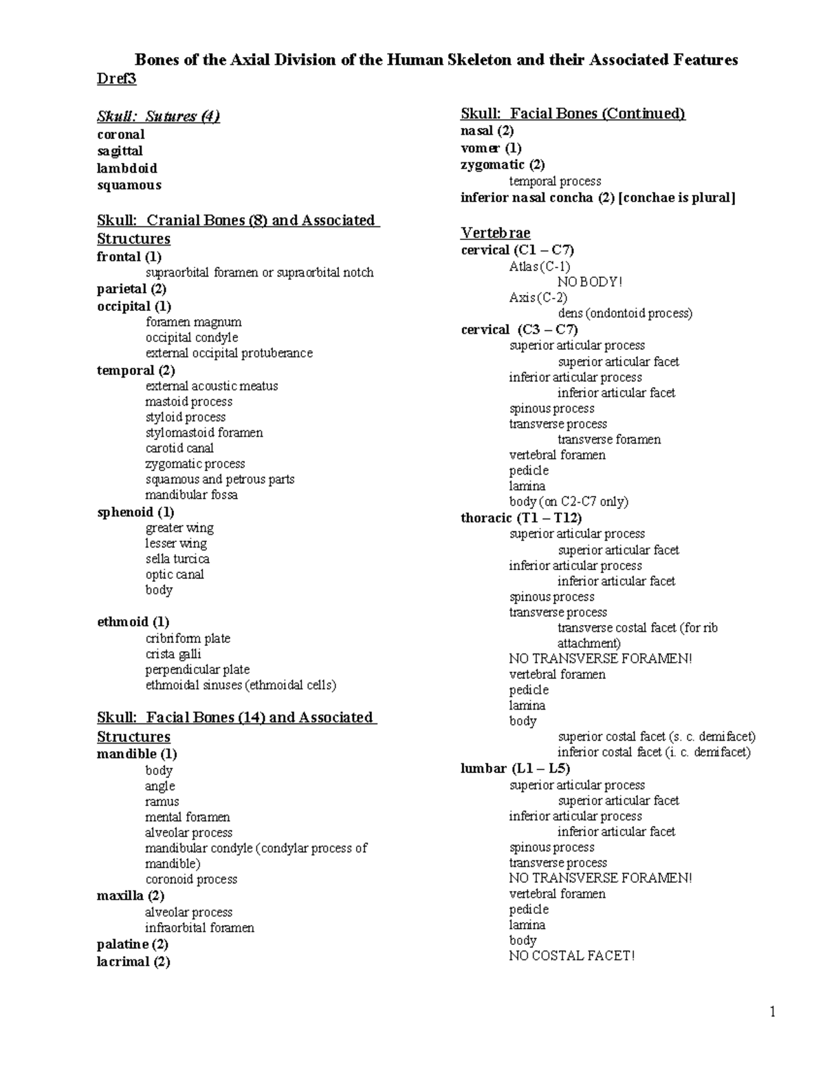 BMS 250 Axial Skeletal Bones and Associated Features - Bones of the ...