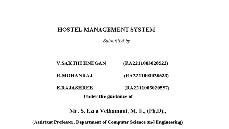 DBMS Project Report Front Page - HOSTEL MANAGEMENT SYSTEM Submitted V ...
