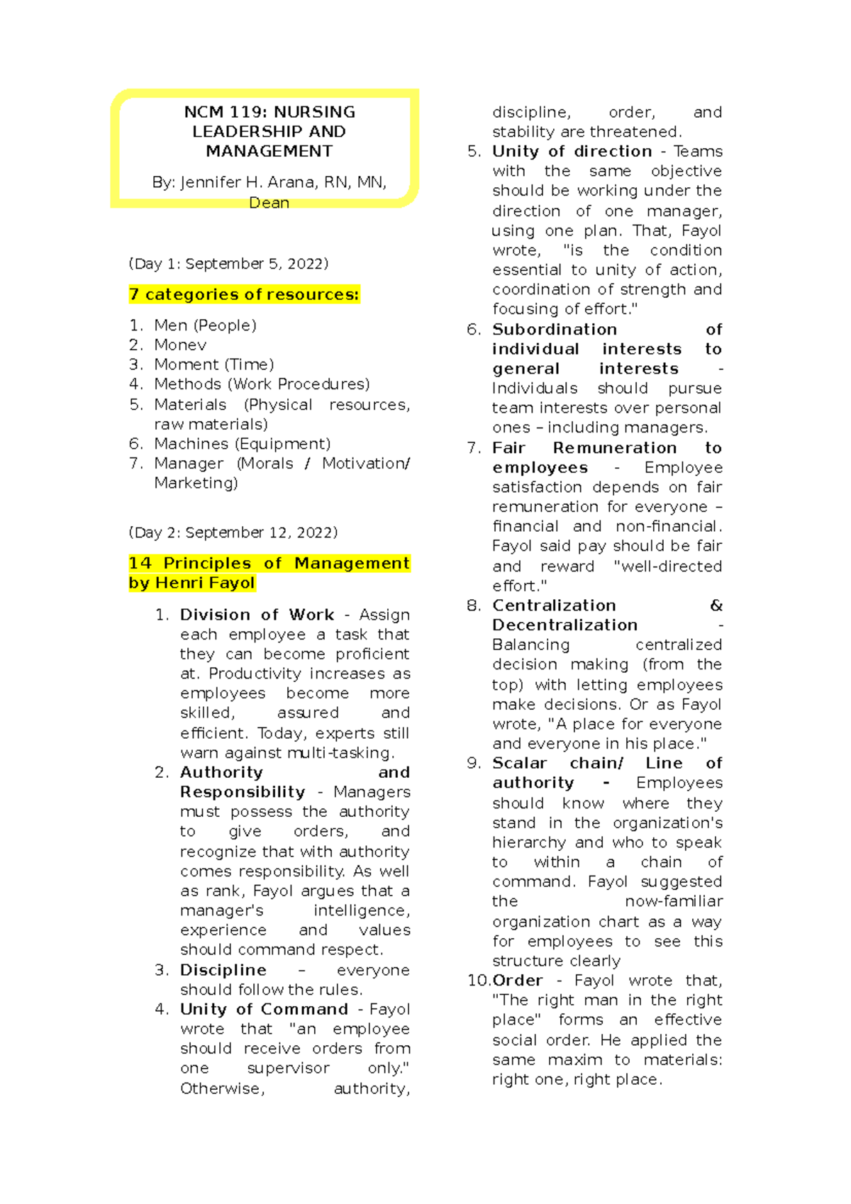 NCM 119 Nursing Leadership and Management Principles Summary - Studocu