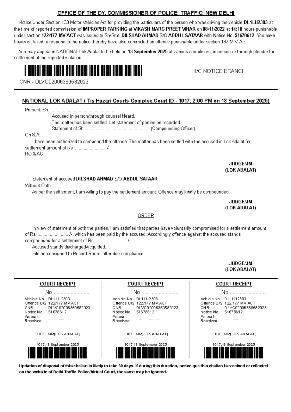Notice Under Section 133 MV Act: Traffic Violation Case DL1LU2303 - Studocu