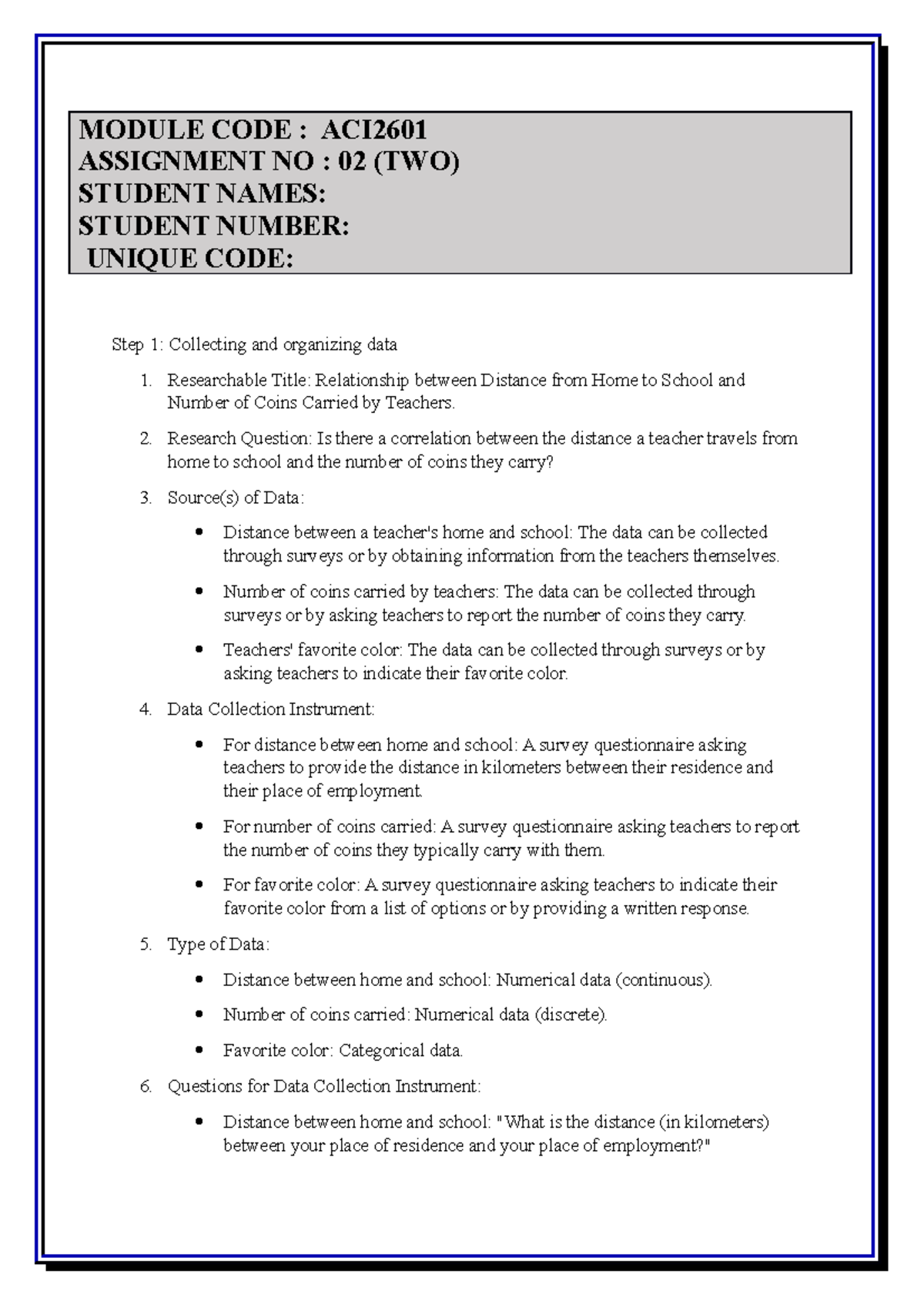 ACI2601 Assignment 2: Correlation Study on Teacher's Commuting Data ...