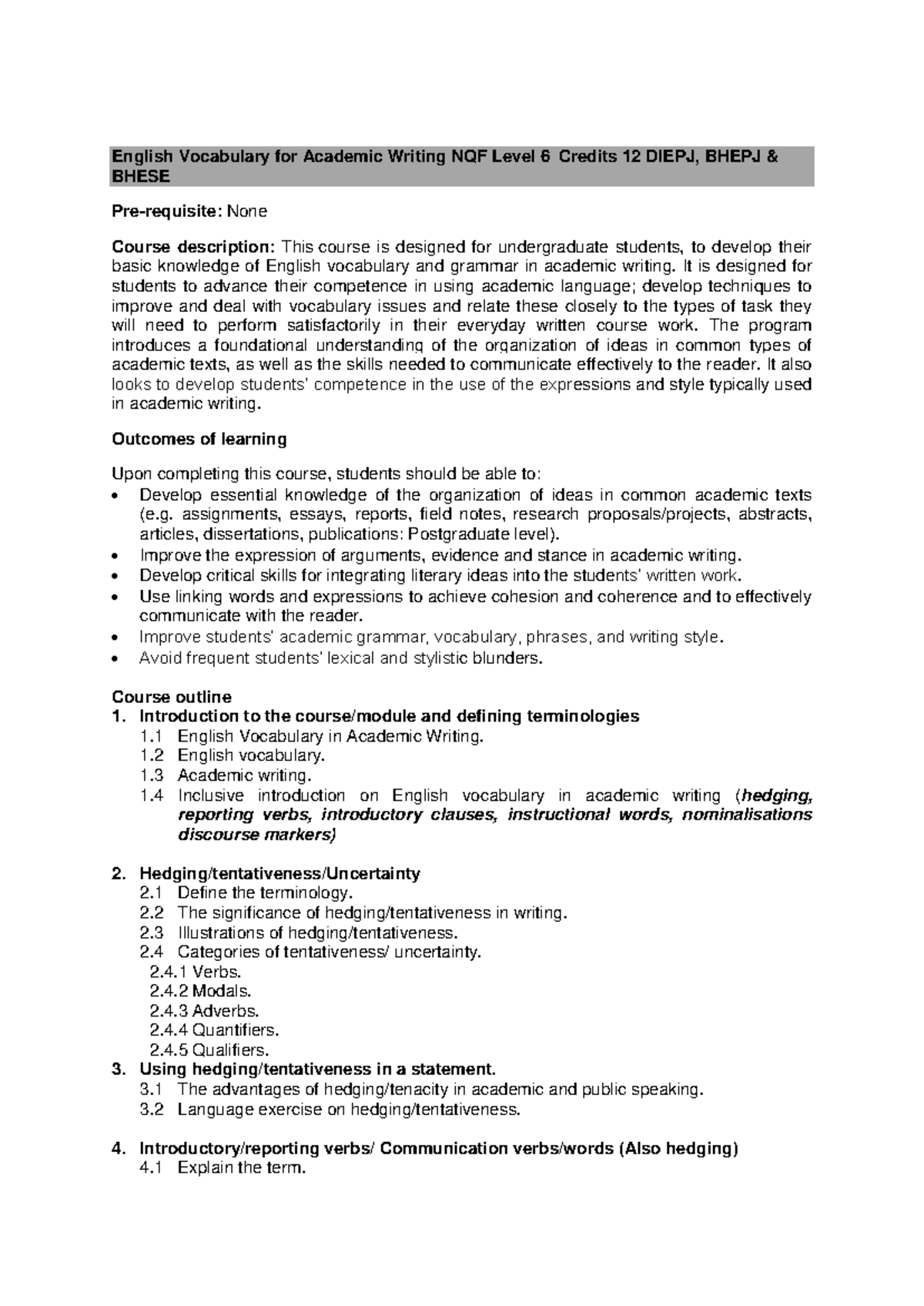 English Vocabulary for Academic Writing NQF Level 6 - Course Overview ...
