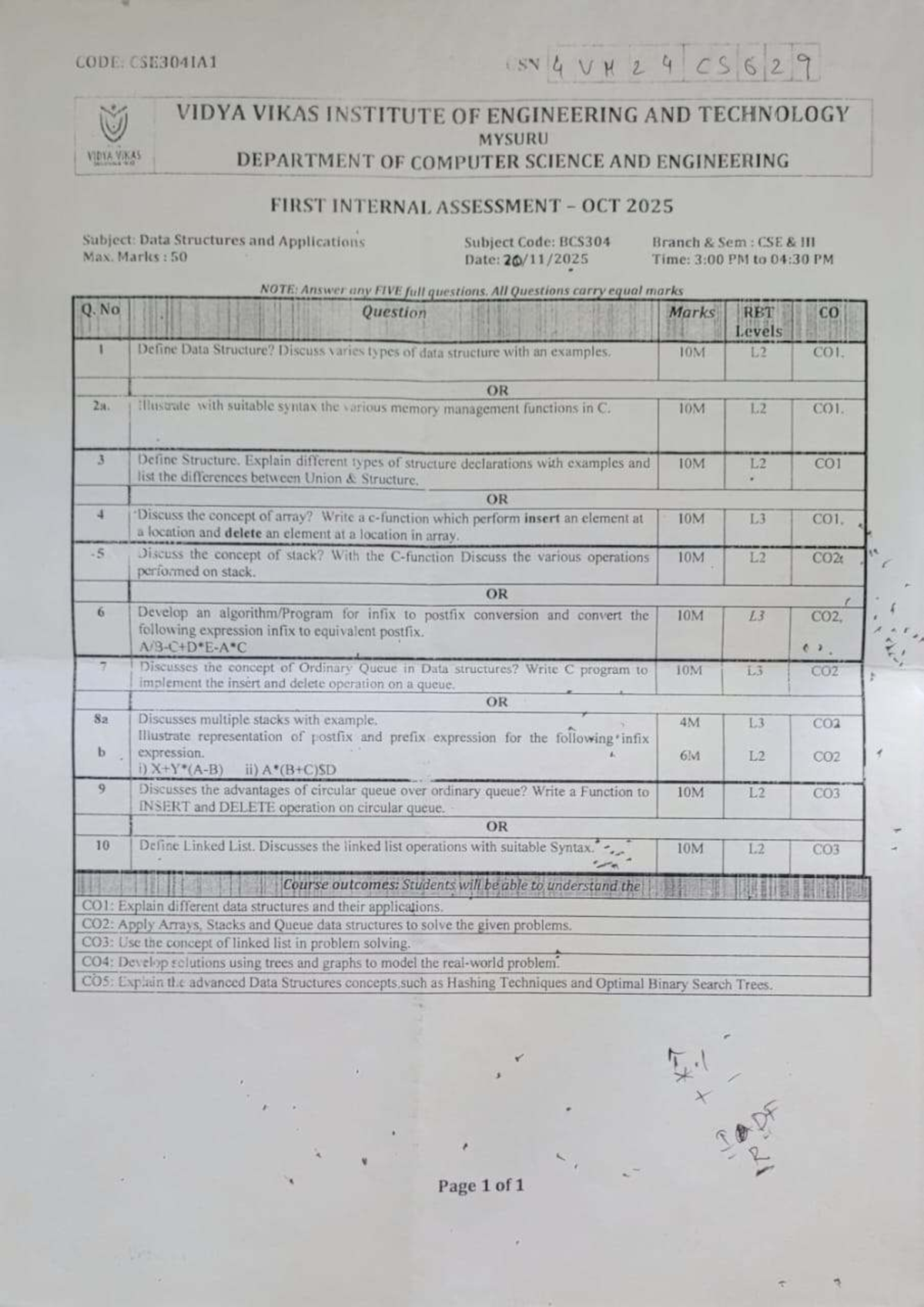 BCS304 First Internal Assessment - Data Structures and Applications ...