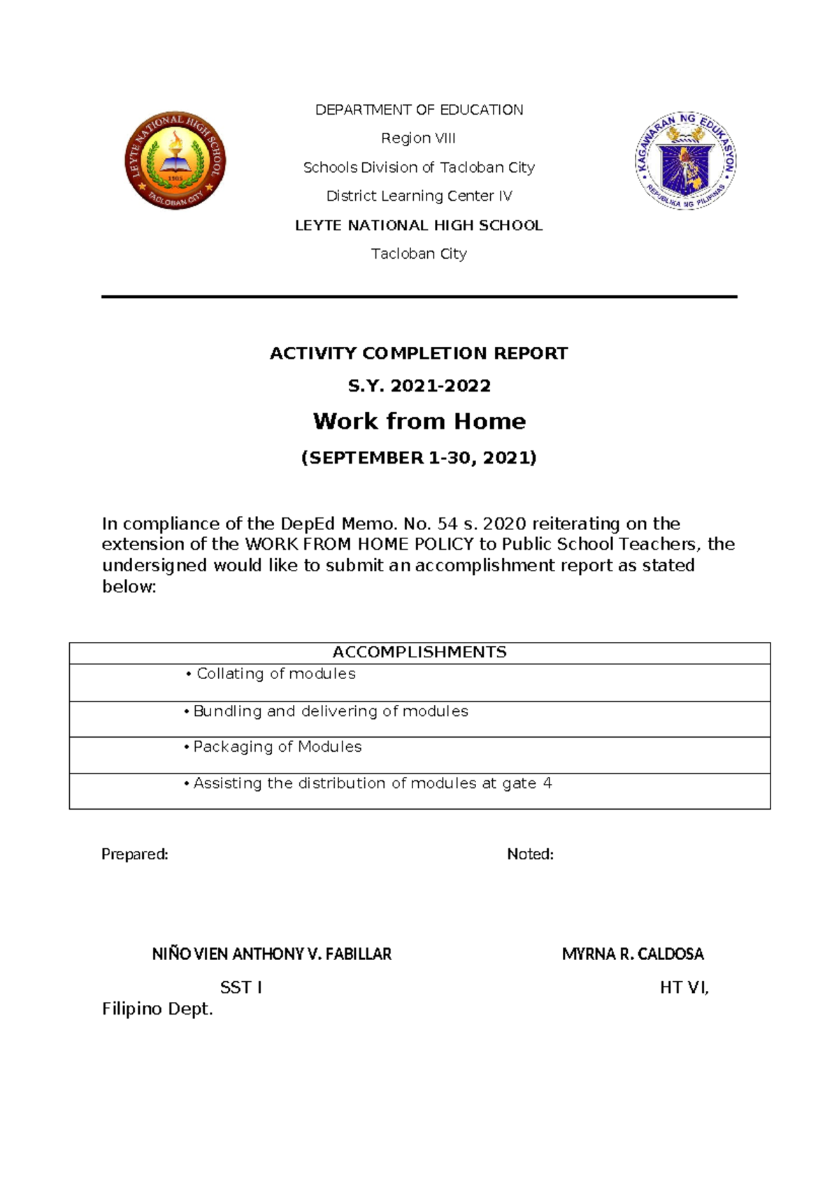 ACR Report for Work from Home Policy - SY 2021-2022 - Studocu