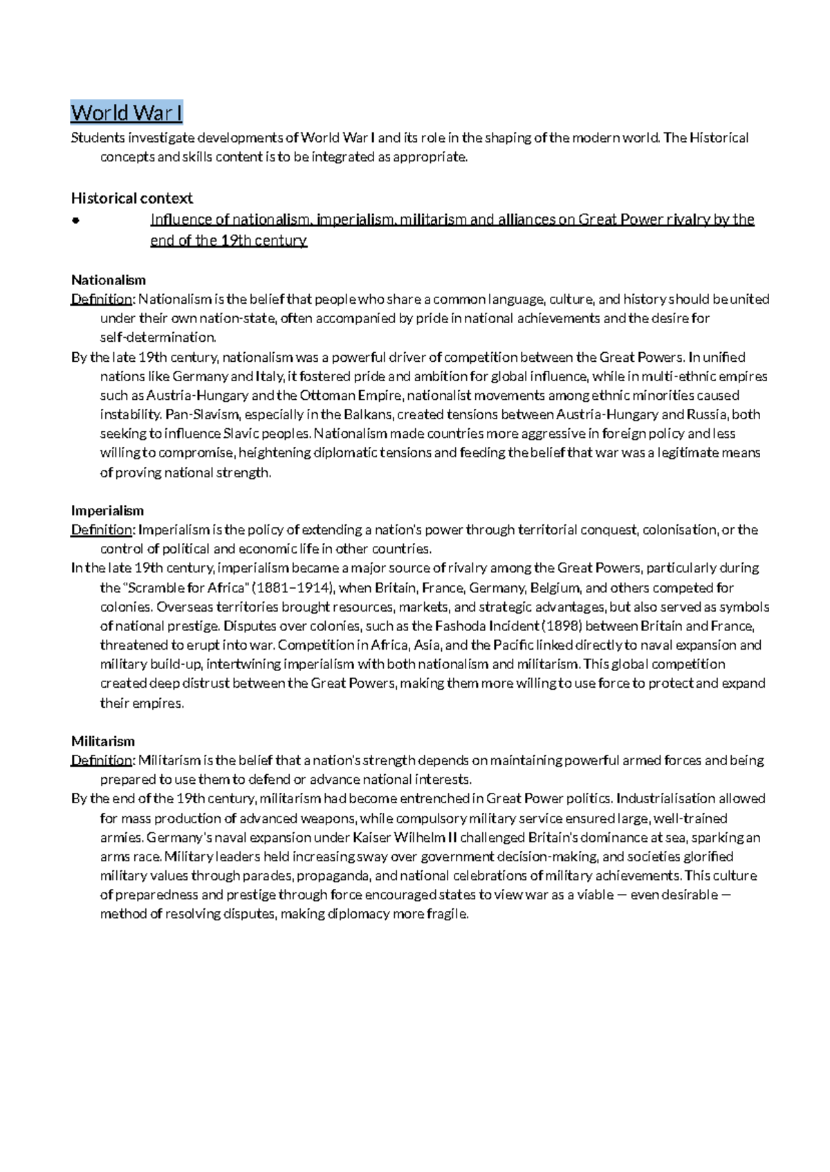 History Study Notes - WWI: Causes, Impact, and Legacy - Studocu