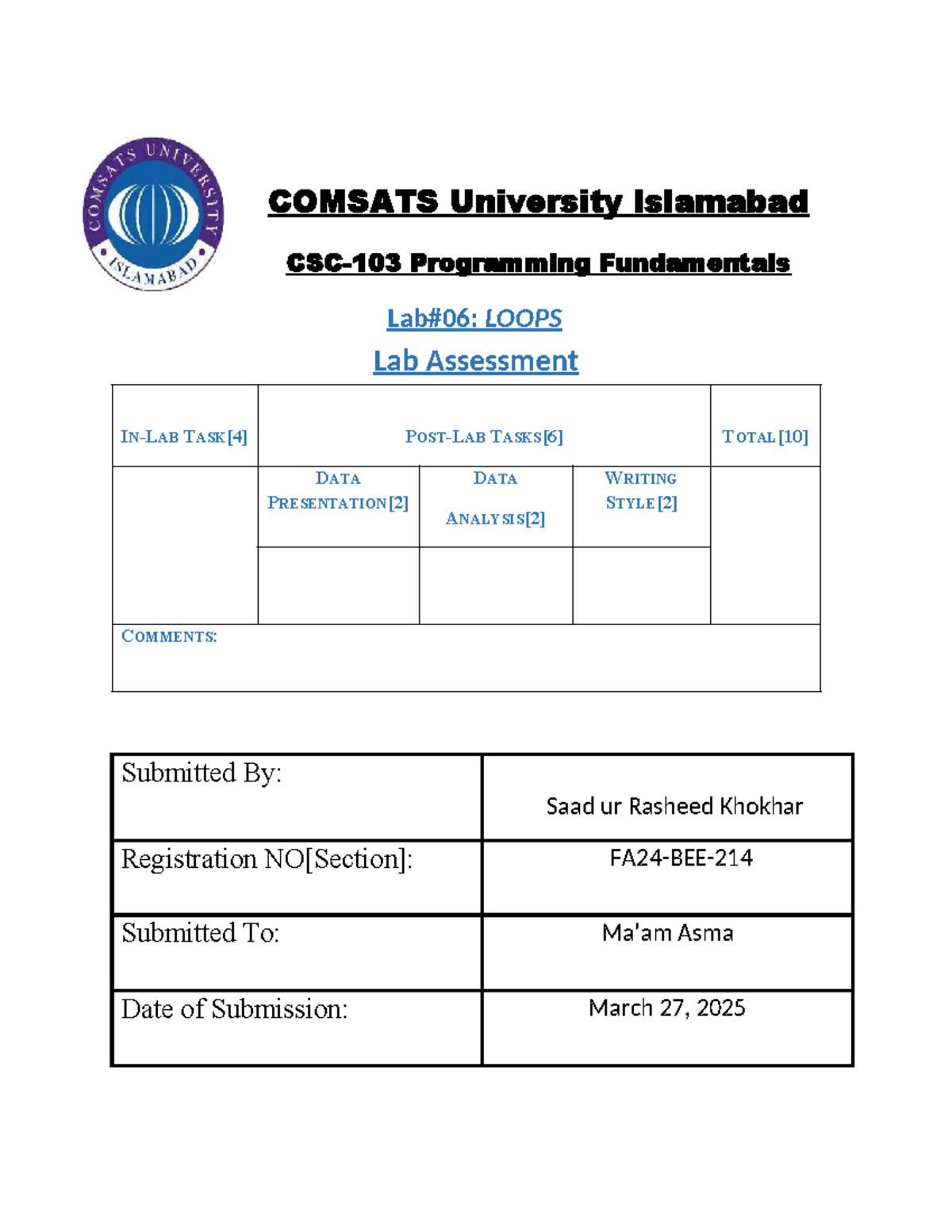 COMSATS University Islamabad Programming Fundamentals Lab Assessment on Loops - Studocu