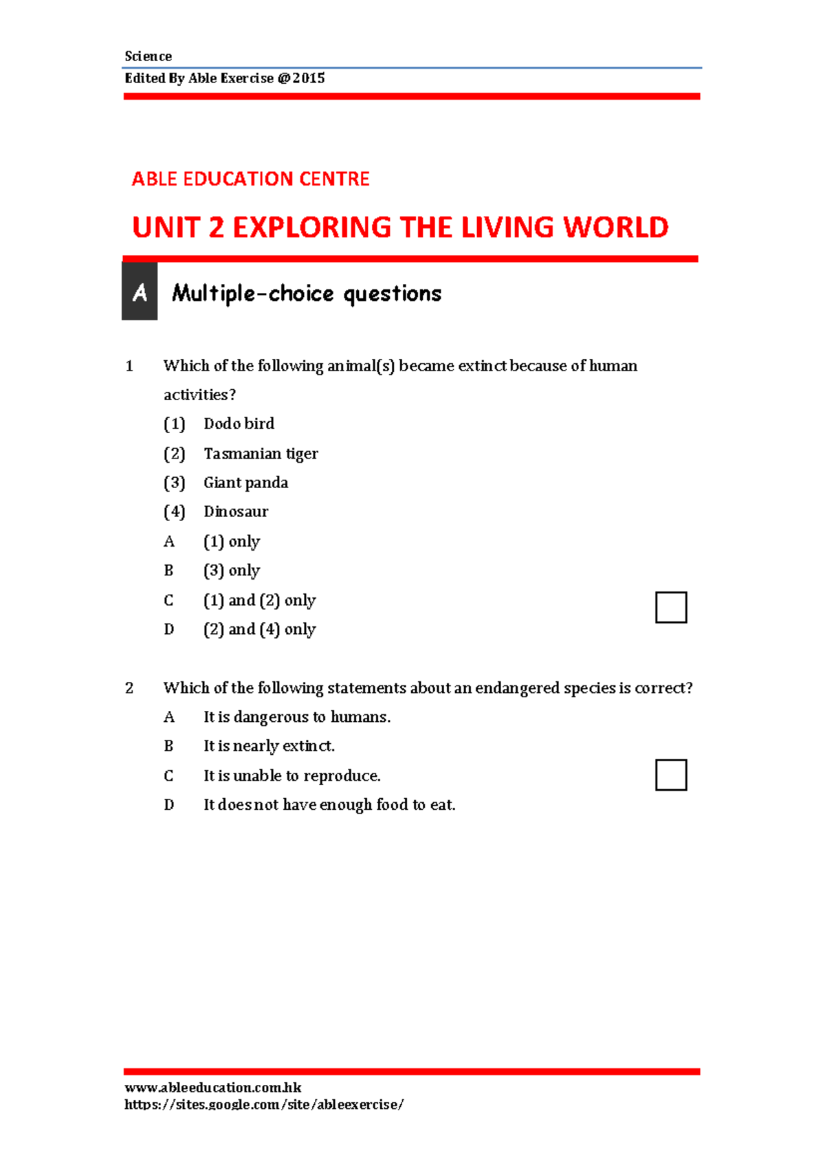 Science Edited Able Exercise 2015: Exploring the Living World Unit 2 ...