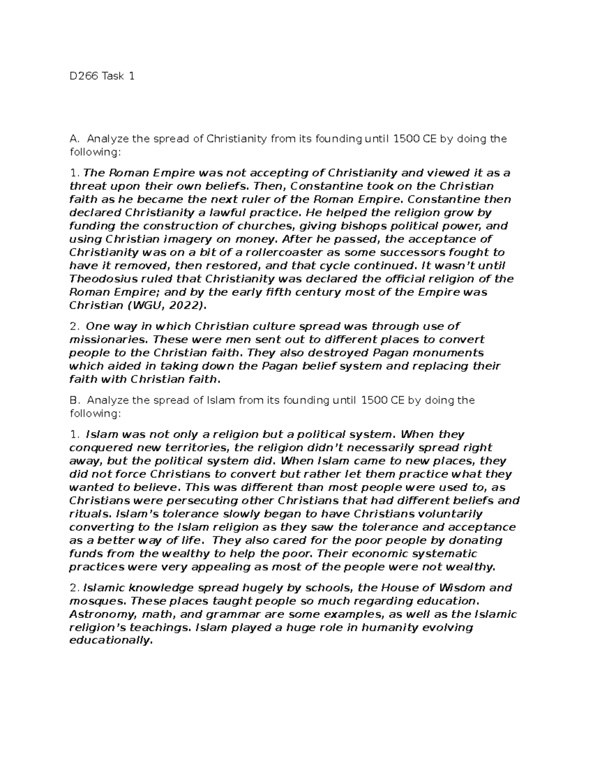 D266 T1 - Analyzing the Spread of Christianity and Islam until 1500 CE ...