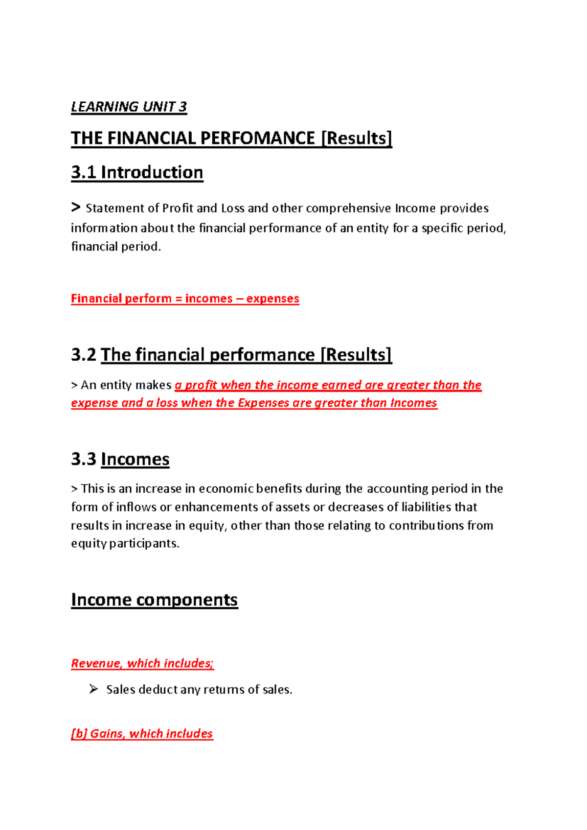 FAC1502 UNIT 3 - Assessment practice - LEARNING UNIT 3 THE FINANCIAL PERFOMANCE 3 Introduction ...
