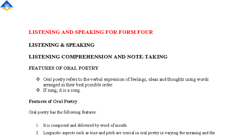 FORM 4 English Notes: Listening, Speaking & Oral Poetry Features - Studocu