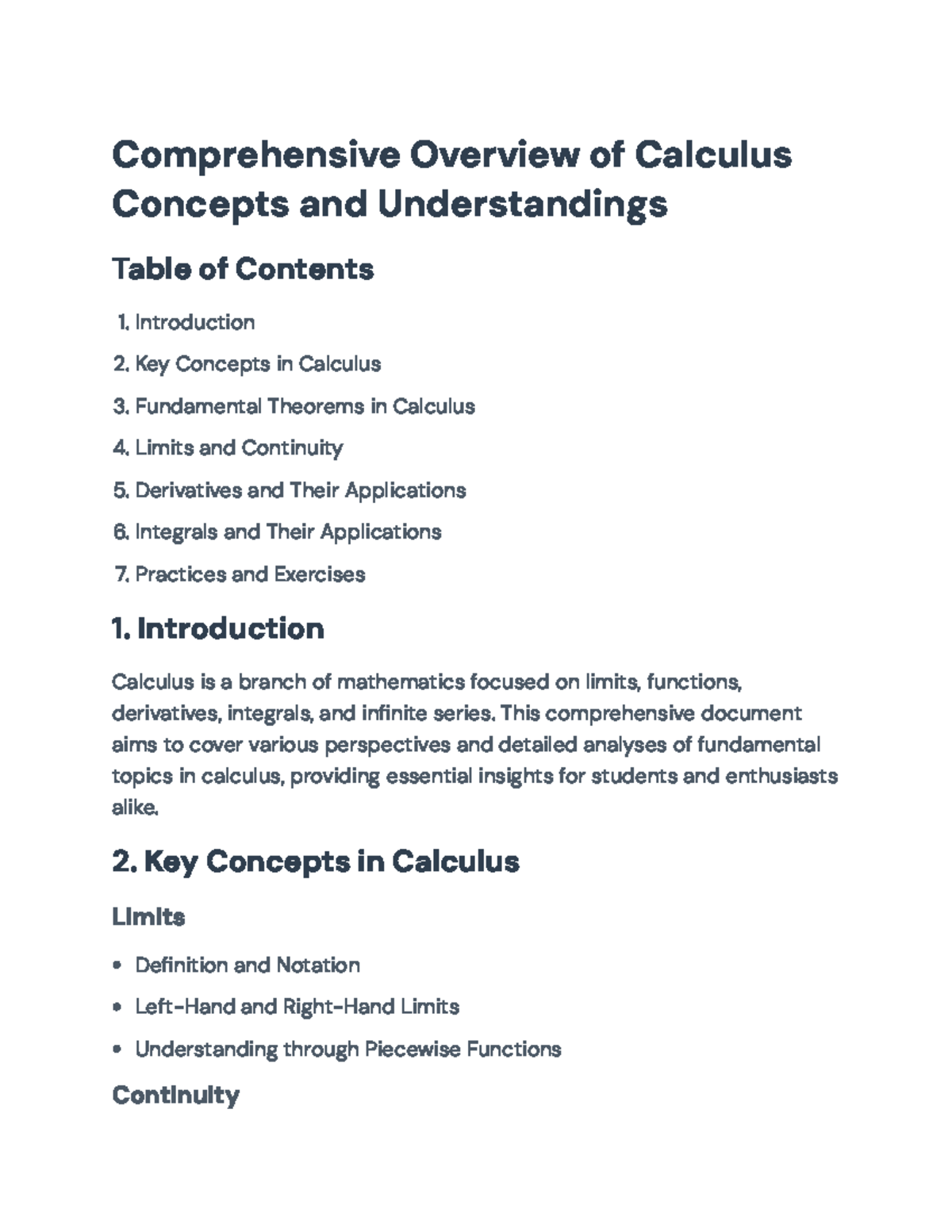 Comprehensive Overview of Calculus Concepts and Applications (MATH101 ...