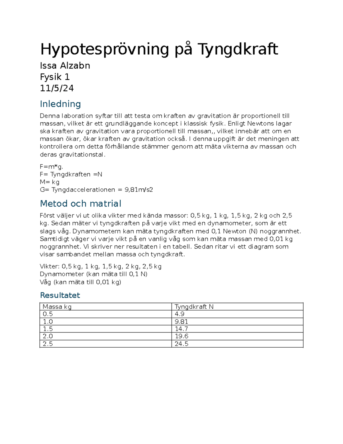 Laboration 1: Hypotesprövning av Tyngdkraften i Fysik 1 - Studocu