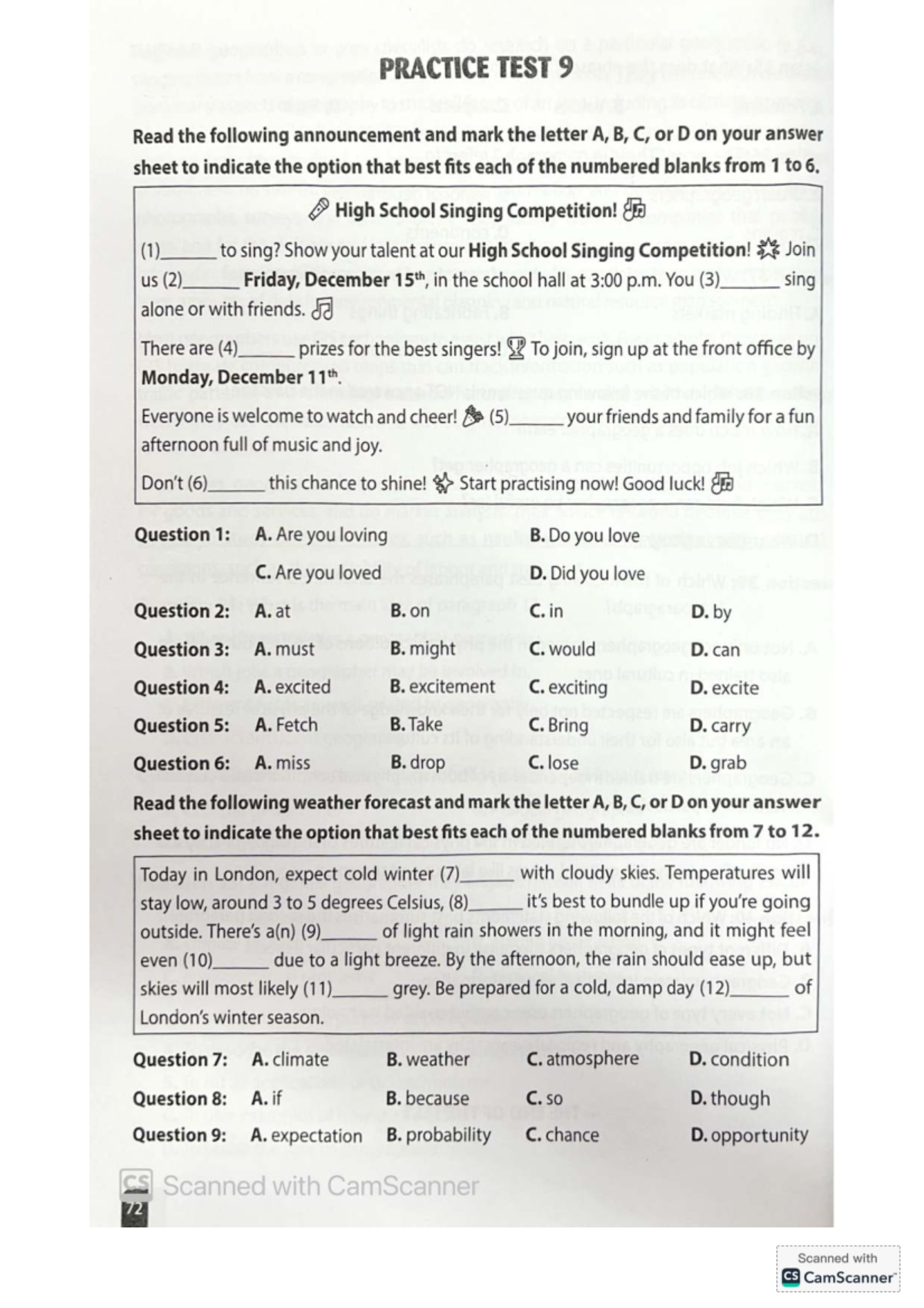 PRACTICE TEST 9: High School Singing Competition & Weather Forecast ...