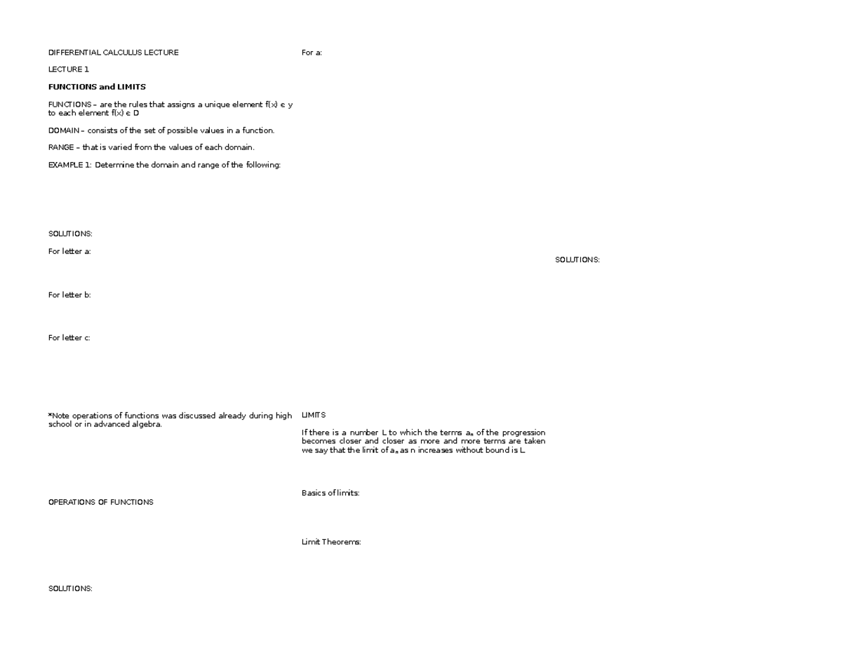 1- Limits - DIFFERENTIAL CALCULUS LECTURE LECTURE 1 FUNCTIONS and LIMITS FUNCTIONS – are the ...