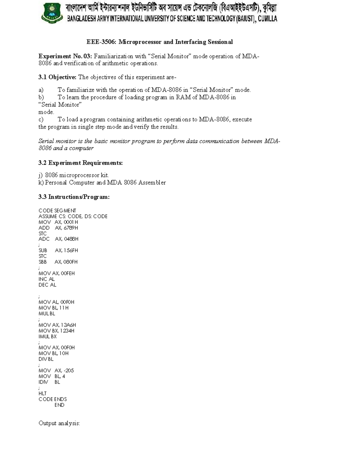 EEE 328 Lab Sheet: MDA8086 Mode Operation & Arithmetic Verification ...