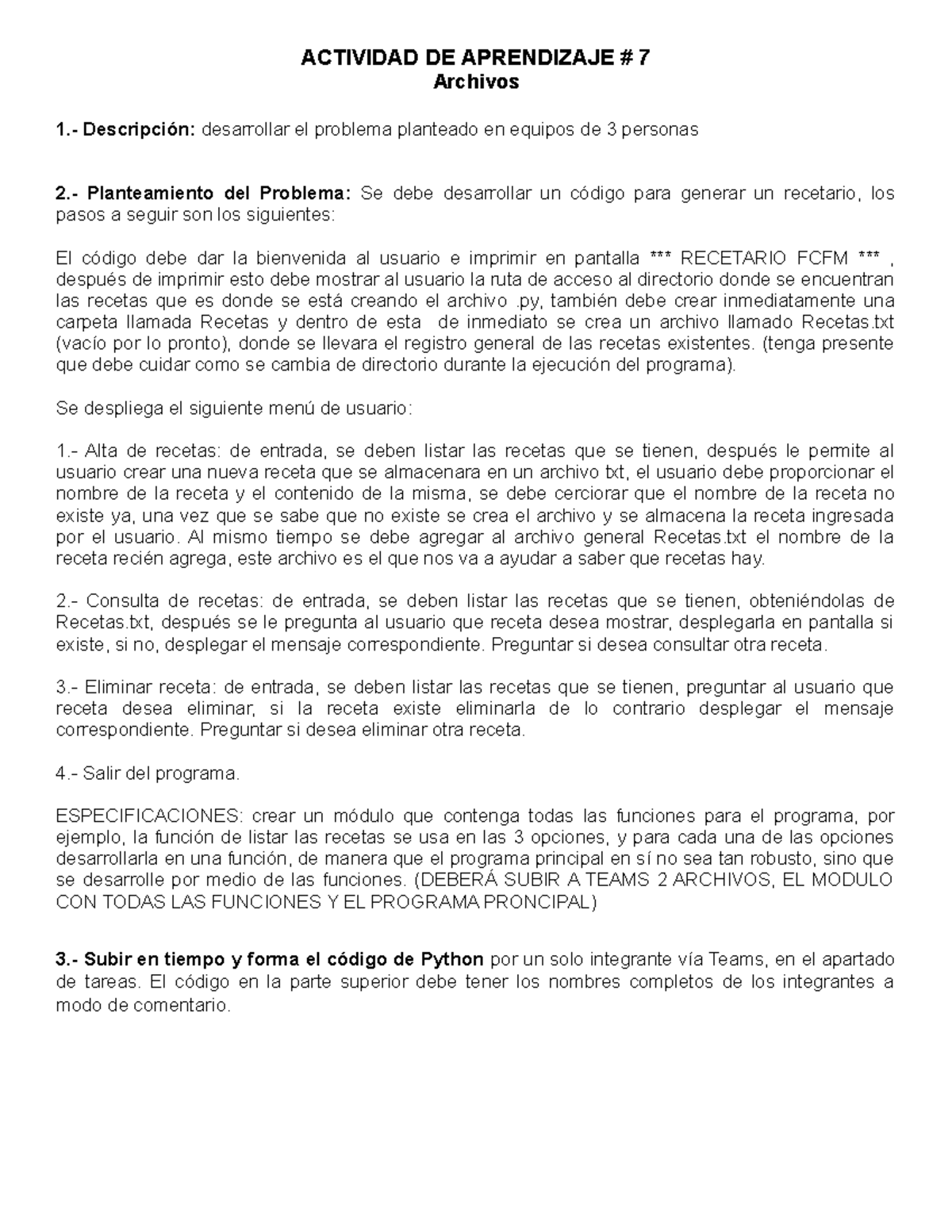 Actividad de Aprendizaje 7: Desarrollo de un Recetario en Python - Studocu