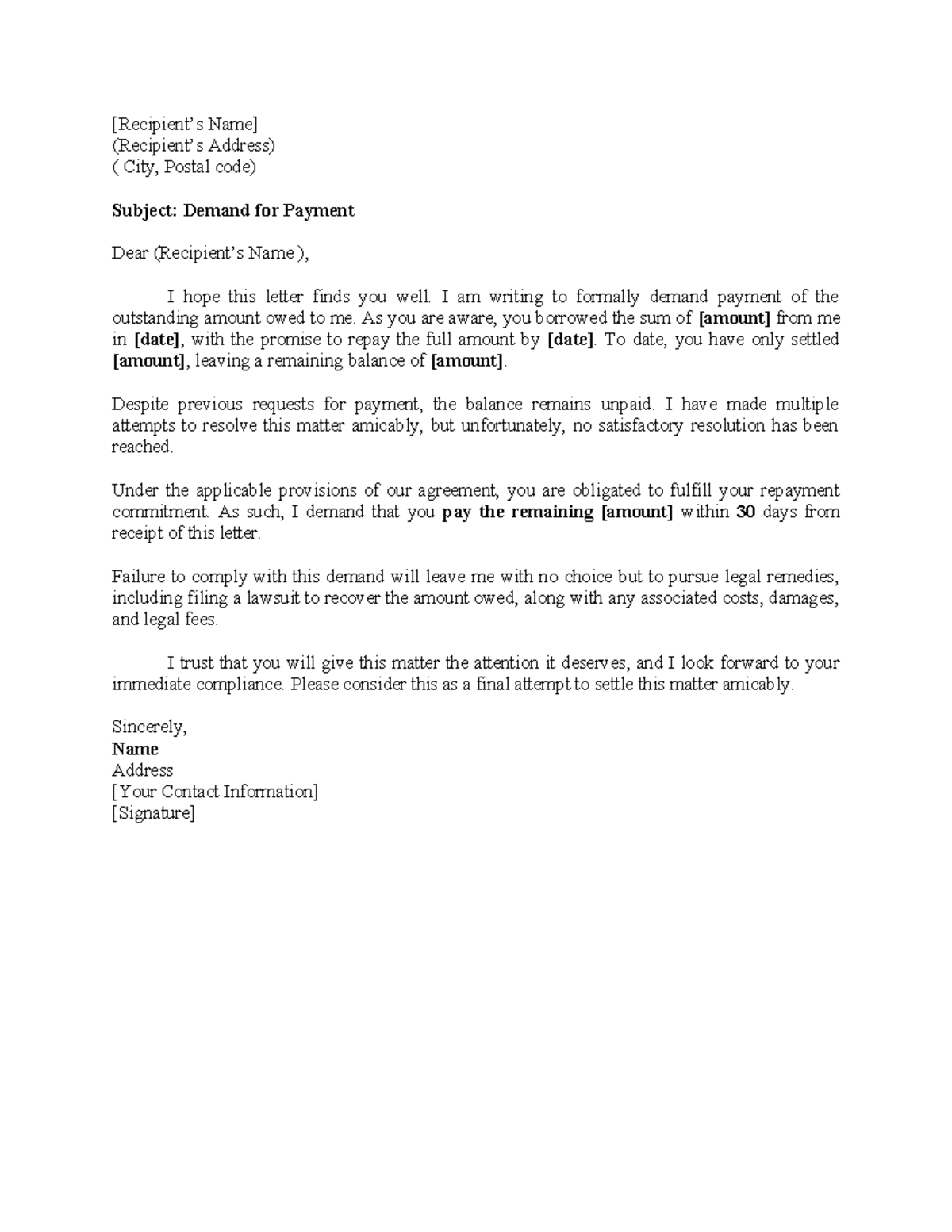 Demand Letter Format - [Recipient’s Name] (Recipient’s Address) ( City ...