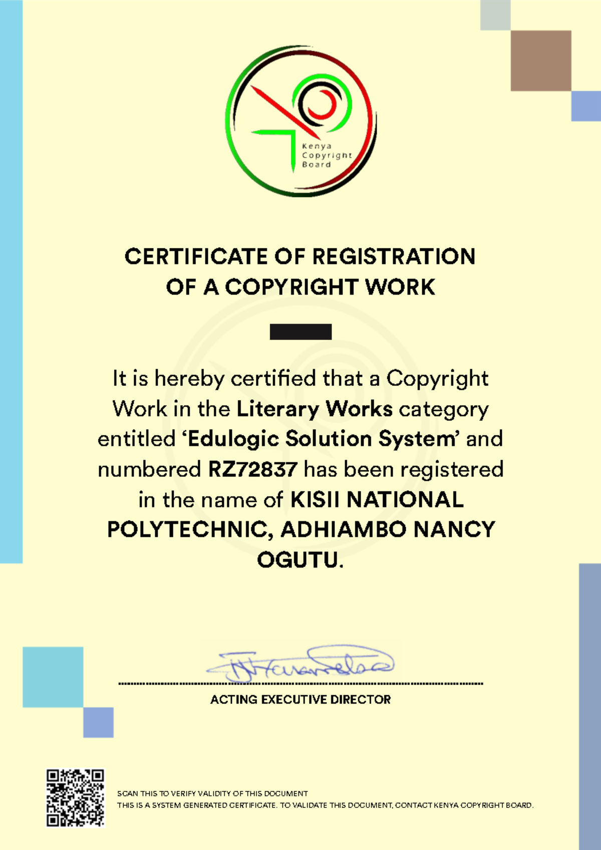 Edulogic Copyright - NICE WORK - computer science - CERTIFICATE OF ...