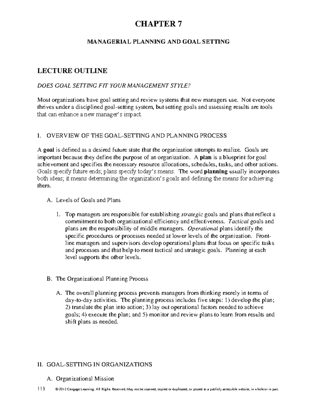 Chapter 7 notes - CHAPTER 7 MANAGERIAL PLANNING AND GOAL SETTING ...