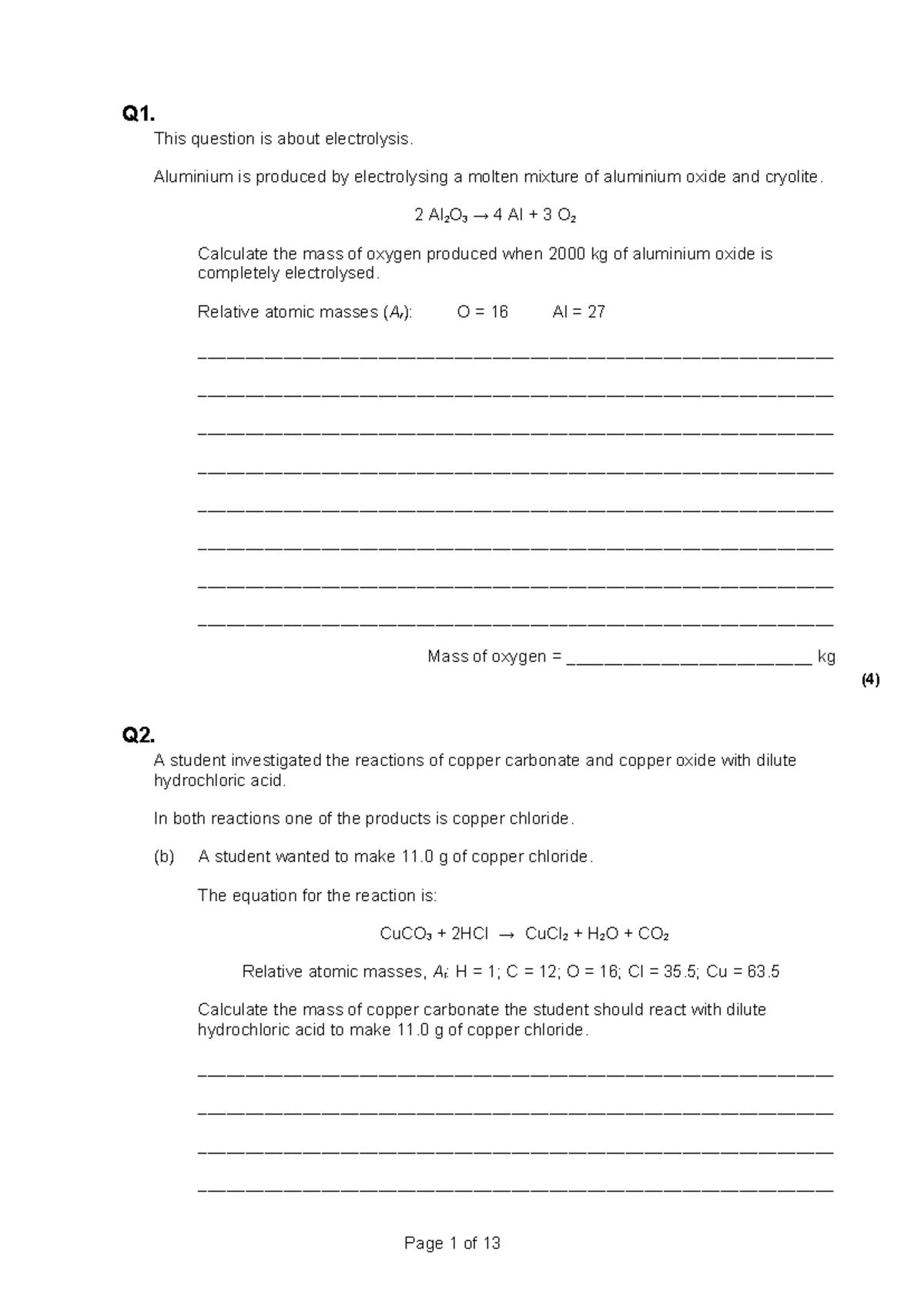 Quantitative Chemistry Revision Questions (Type 3) + Mark Schemes - Studocu