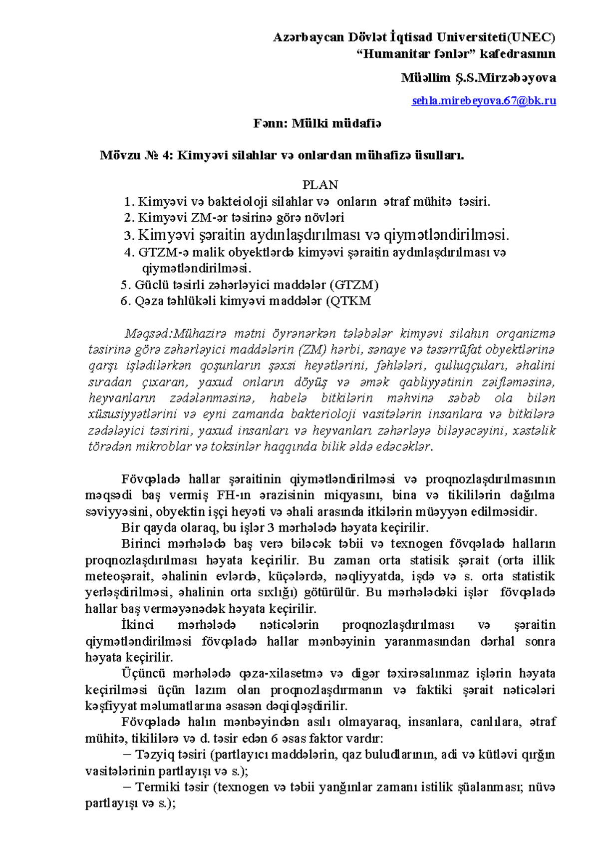 UNEC Mülki Müdafiə Fənni: Kimyəvi Silahlar və Mühafizə Usulları - Studocu