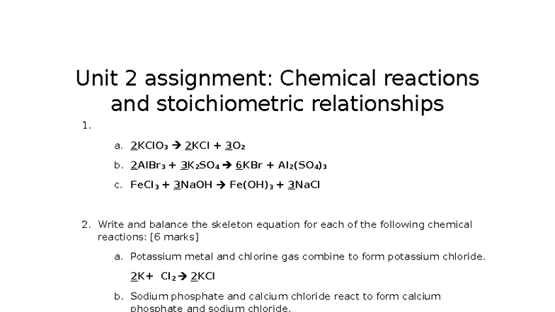 Unit 2 Assignment: Chemical Reactions & Stoichiometry Analysis - Studocu