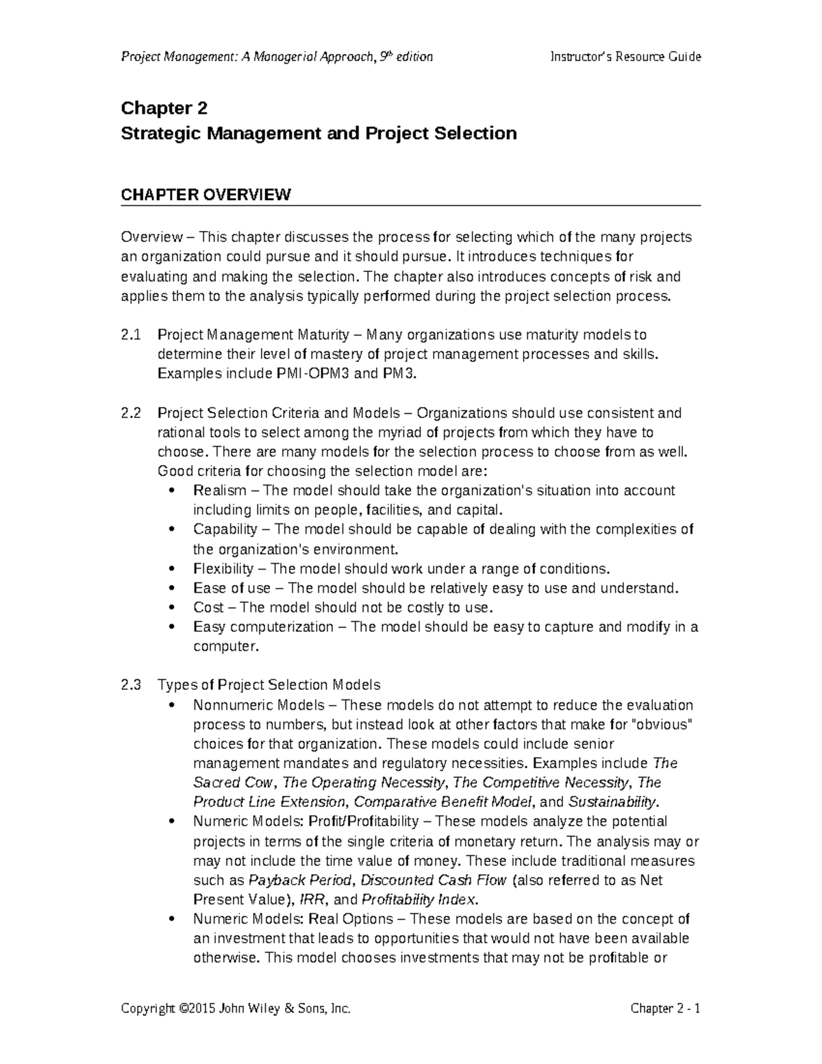 Project Management Chapter 3 Solutions - Chapter 2 Strategic Management and Project Selection ...