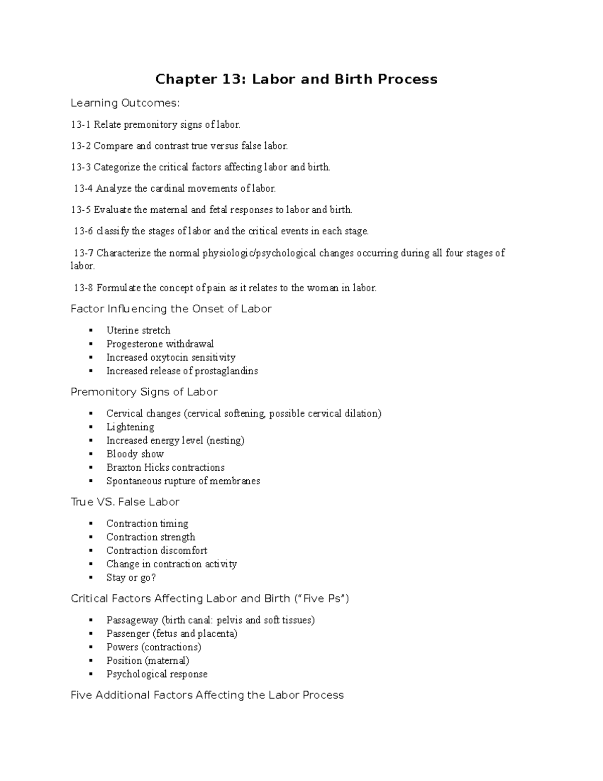 Chapter 13 - NURS 247 Lecture Notes on Labor and Birth Process - Studocu
