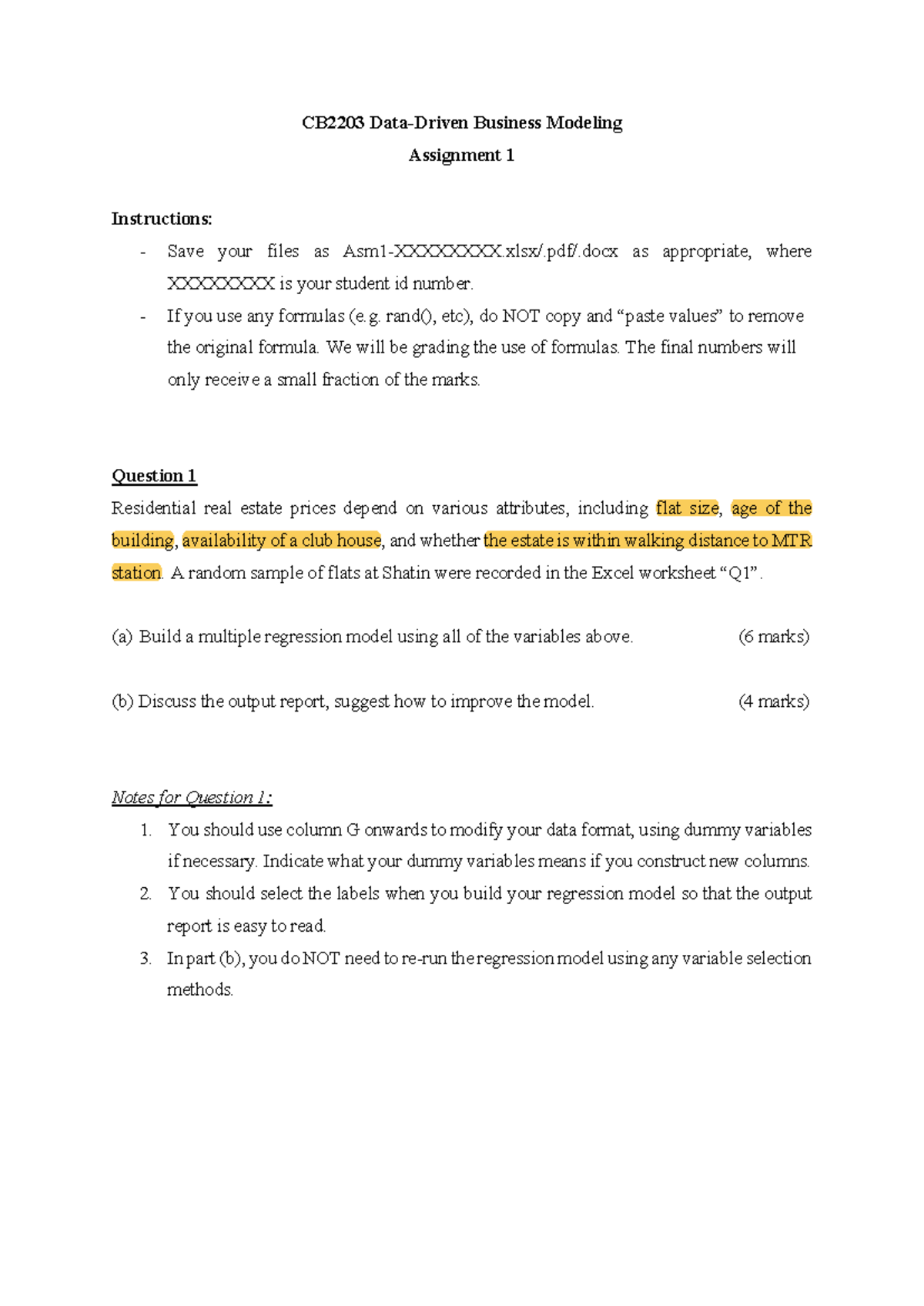 Asm 1 Questions - CB2203 Data-Driven Business Modeling Assignment 1 ...