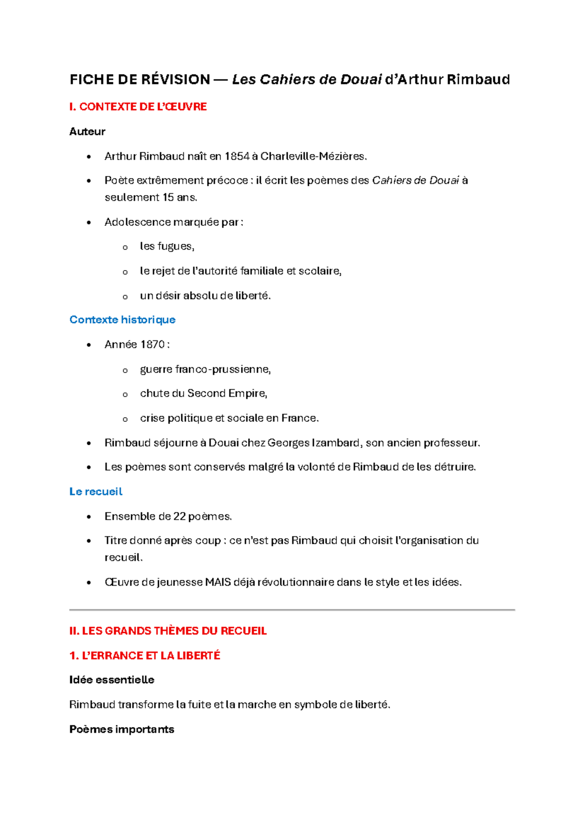Dissertation FICHE DE RÉVISION sur Les Cahiers de Douai de Rimbaud ...