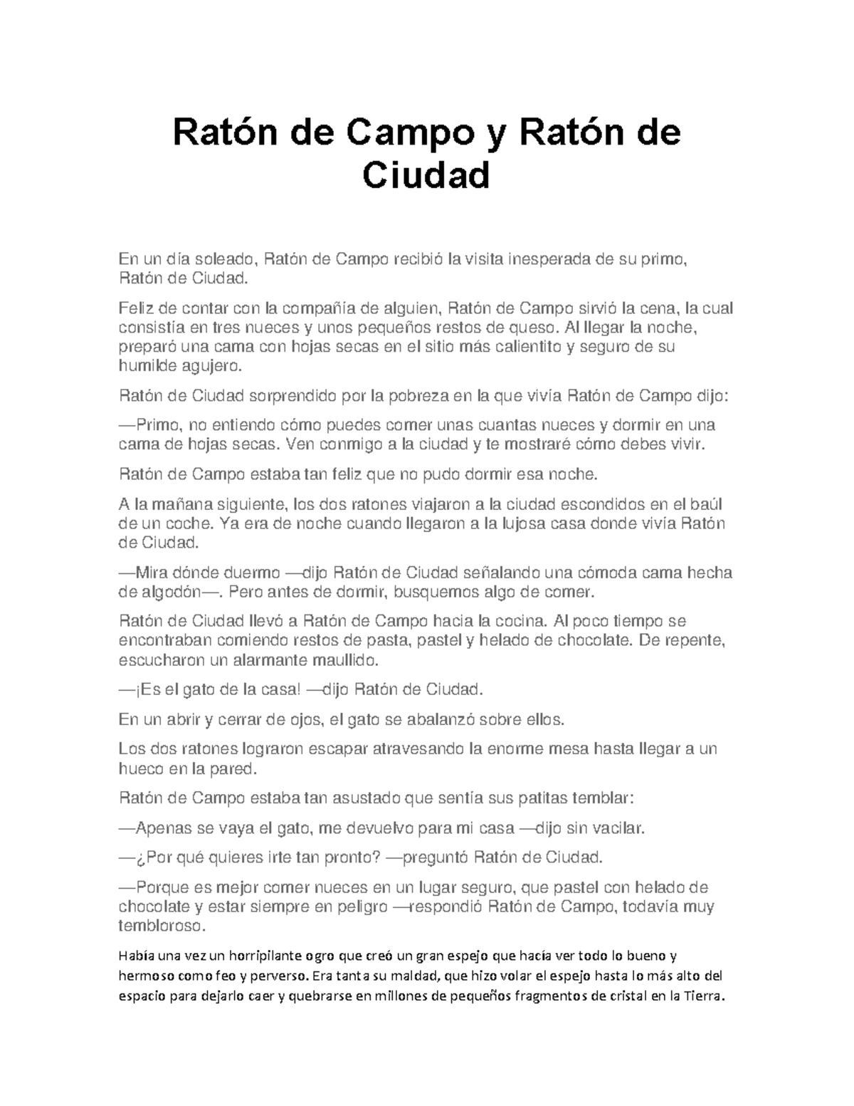 Ratón de Campo y Ratón de Ciudad: Una Fábula Clásica - Studocu