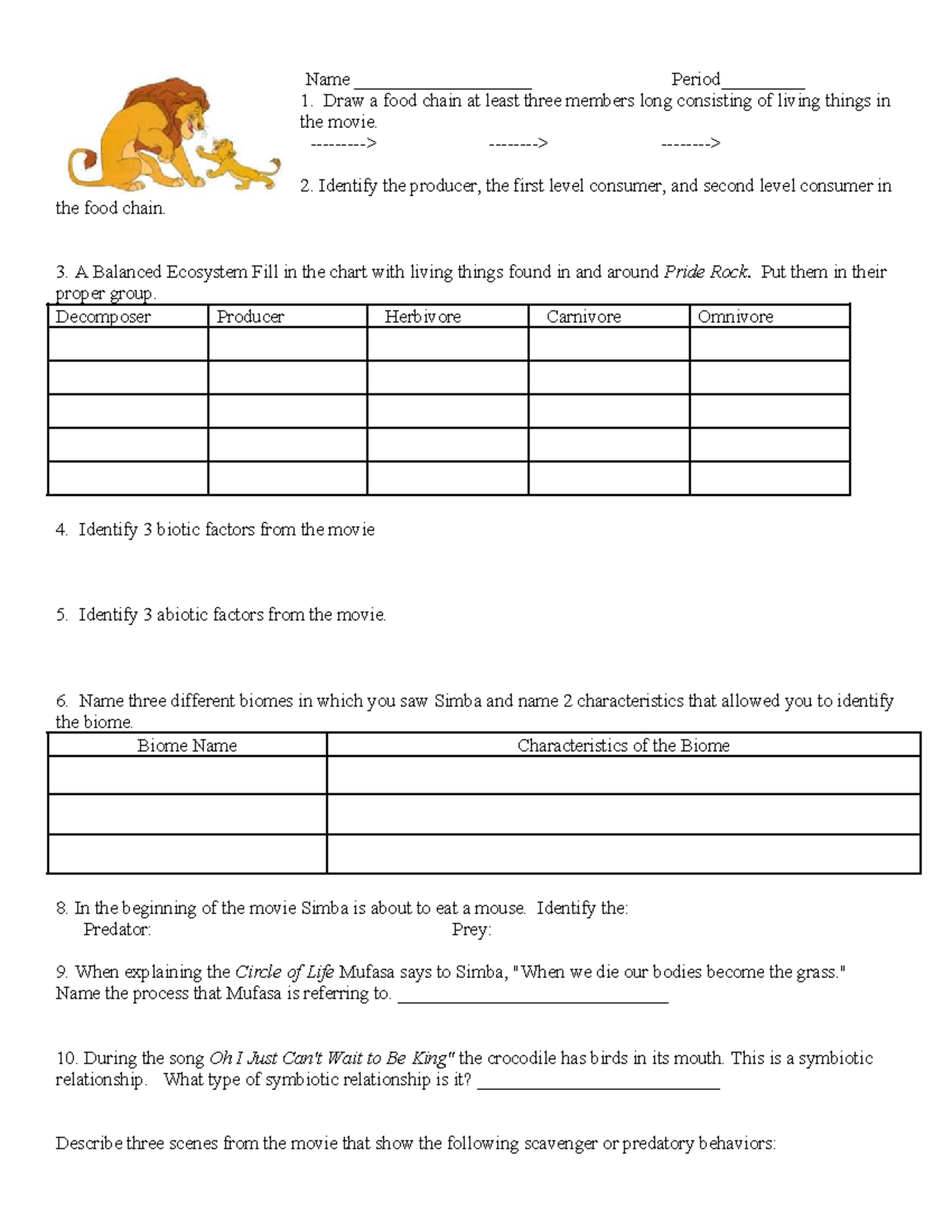 Lion King - Ecosystem Exploration Worksheet for Students - Studocu