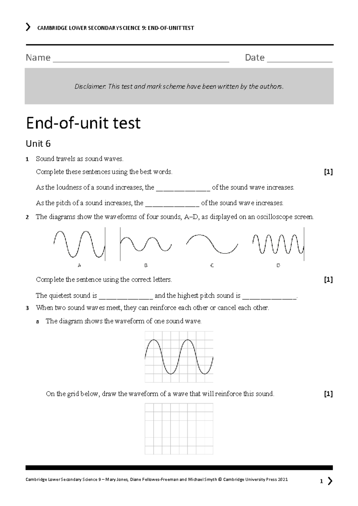CAMBRIDGE LOWER SECONDARY SCIENCE 9: UNIT 6 TEST ON SOUND - Studocu