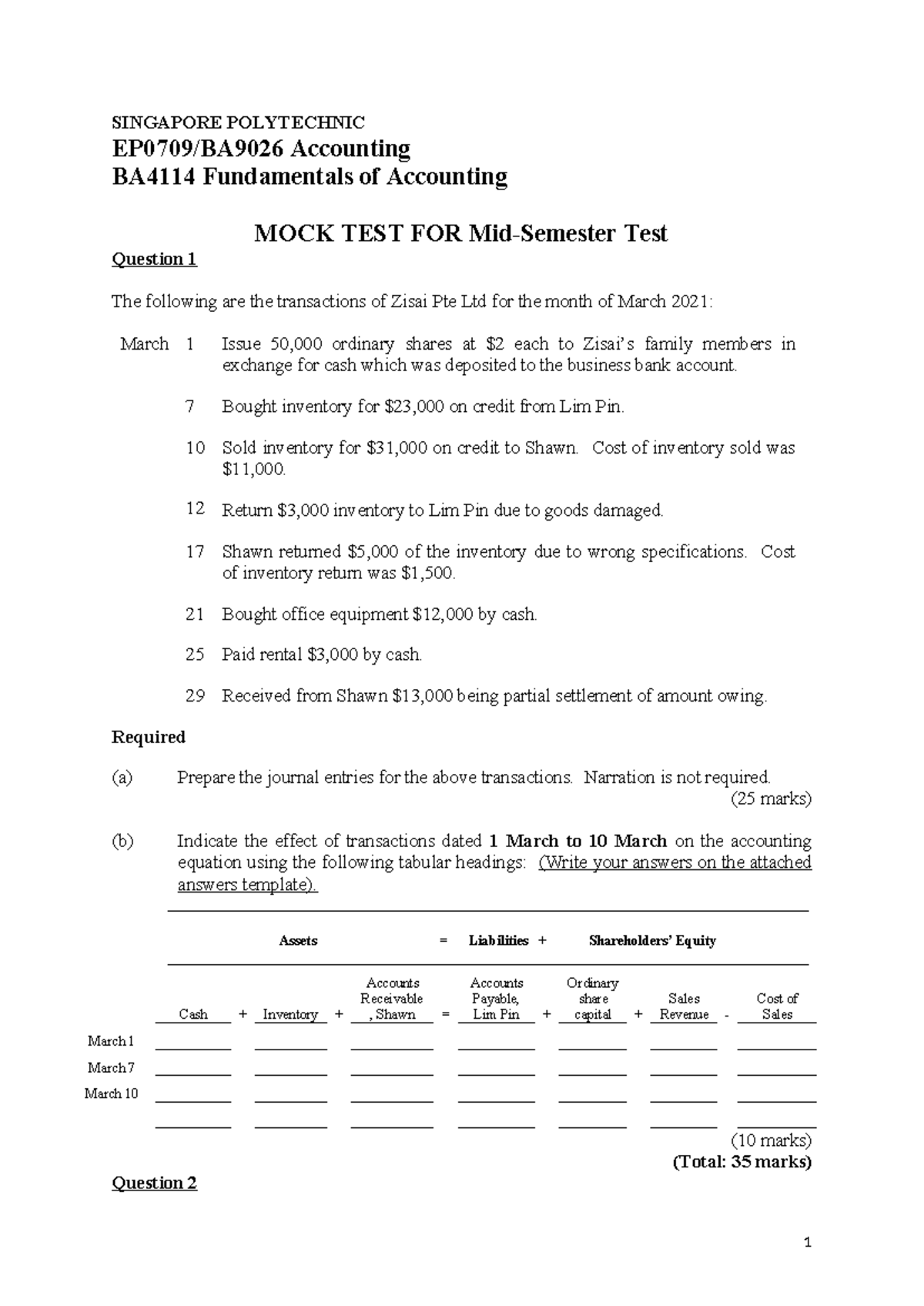 Mock test MST Question 2021 S2 - SINGAPORE POLYTECHNIC EP0709/BA9026 ...