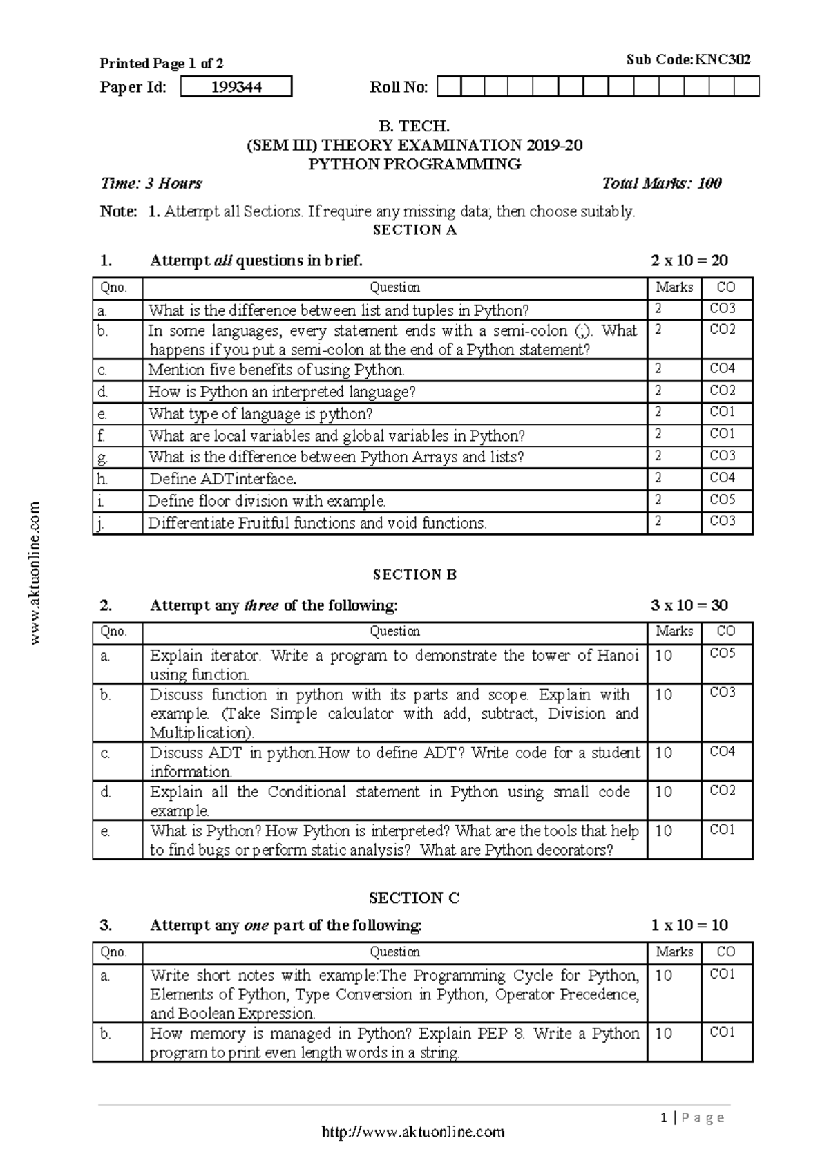 Btech-3-sem-python-programming-knc302-2020 - Printed Page 1 of 2 Sub Code:KNC Paper Id: 199344 ...