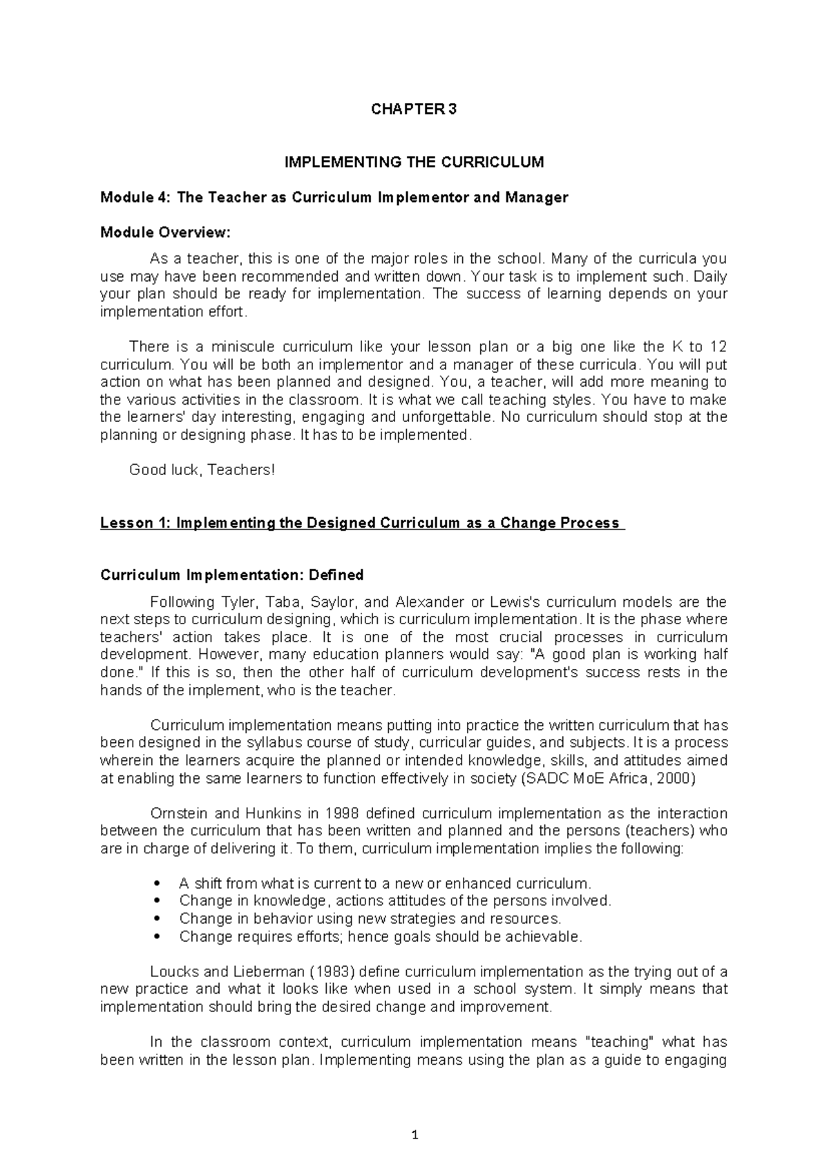 Chapter 3 Module 4 - Curriculum Implementation Notes - Studocu