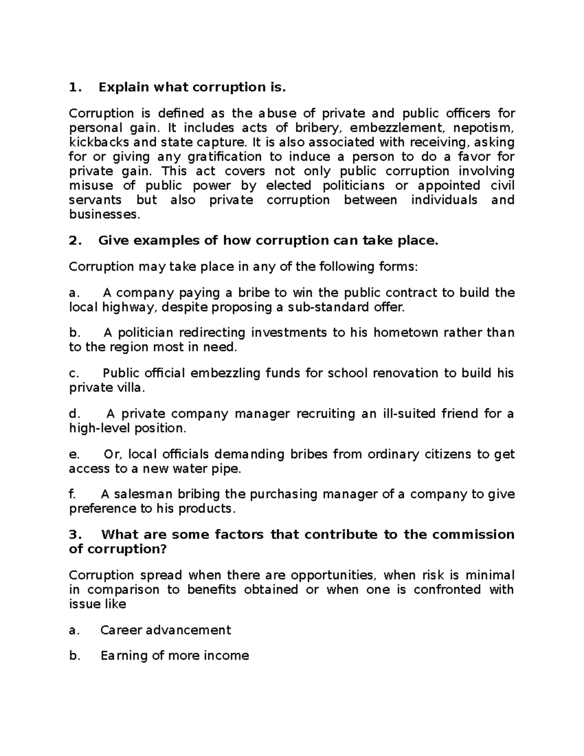 CHAP 9 - for Assignment purposes. - 1. Explain what corruption is ...