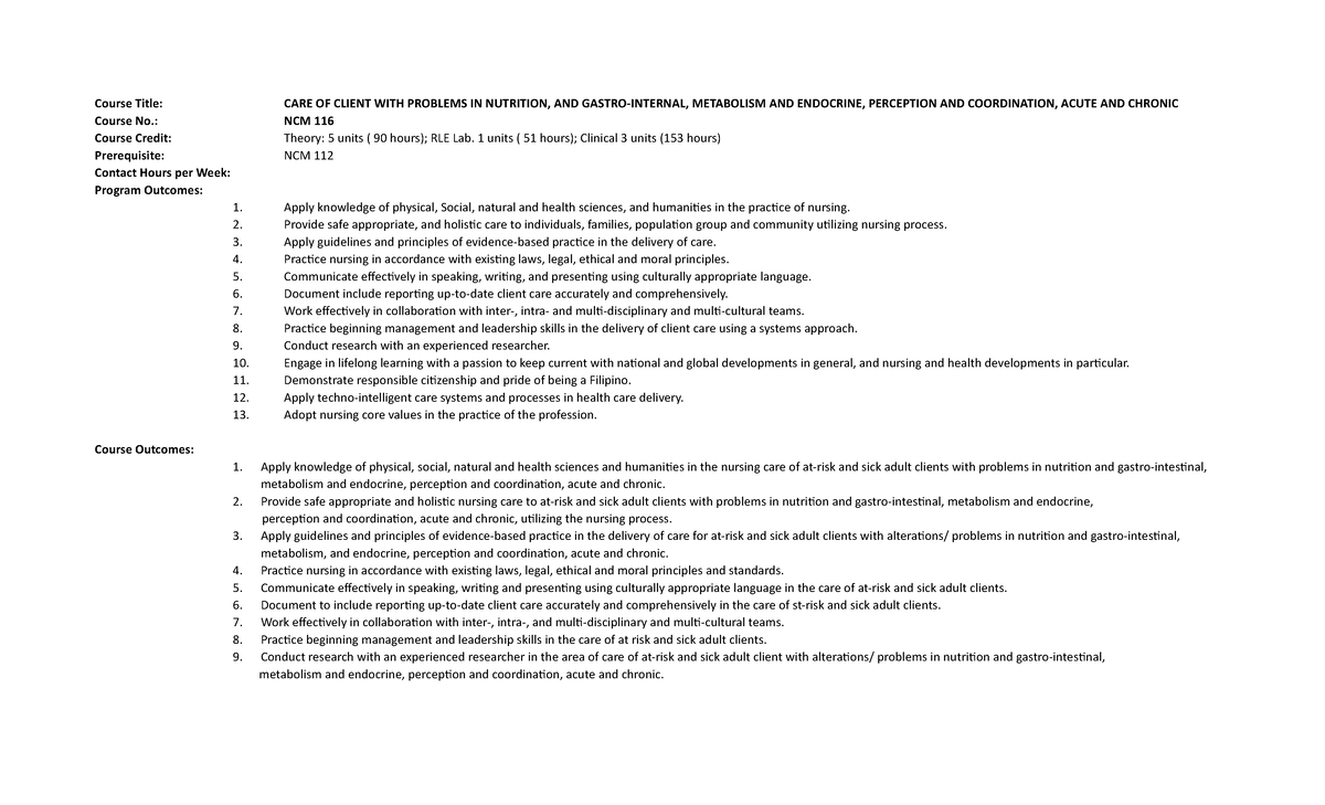NCM-116 - Care of Clients: Nutrition, Gastro-Internal, and Metabolism ...