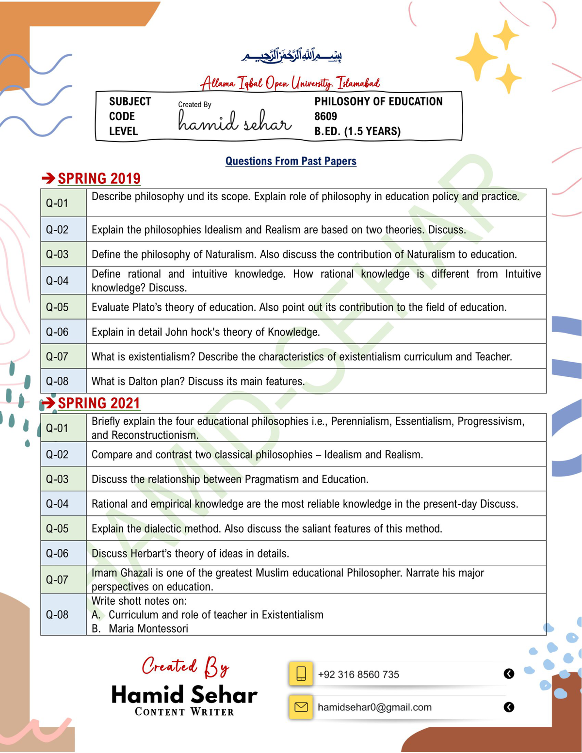 Past Papers Compilation for 8609 Course - Studocu