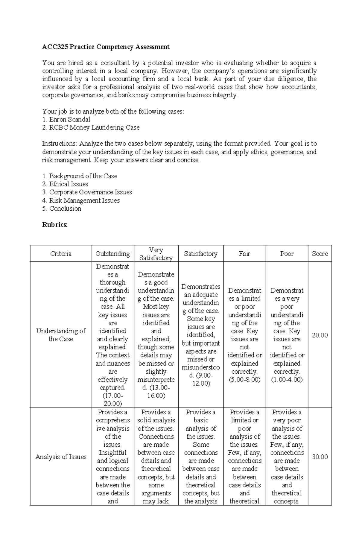 ACC325 Case Analysis: Enron & RCBC Ethical Issues - Studocu