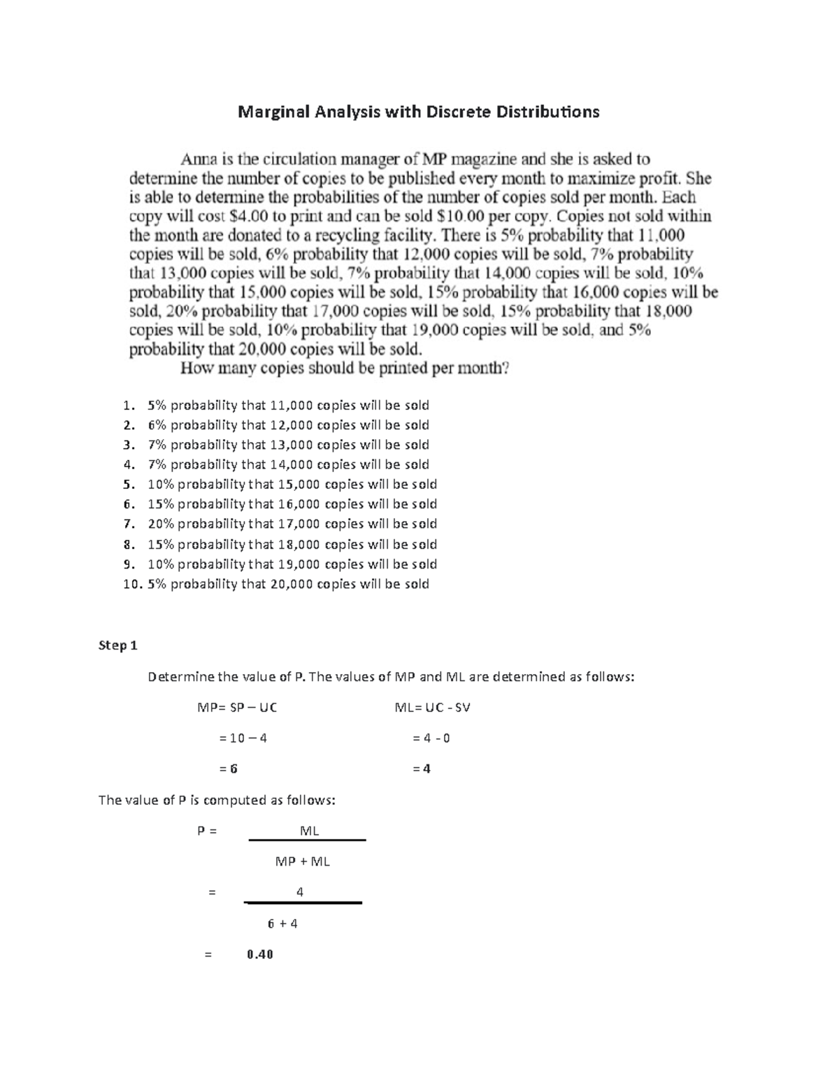 Marginal Analysis with Discrete Distributions - The values of MP and ML ...