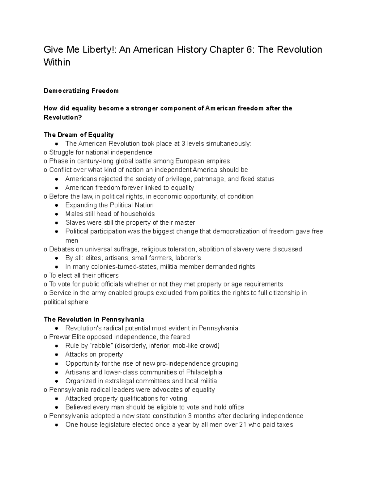 Give Me Liberty! Chapter 6 Notes: The Revolution and Equality - Studocu