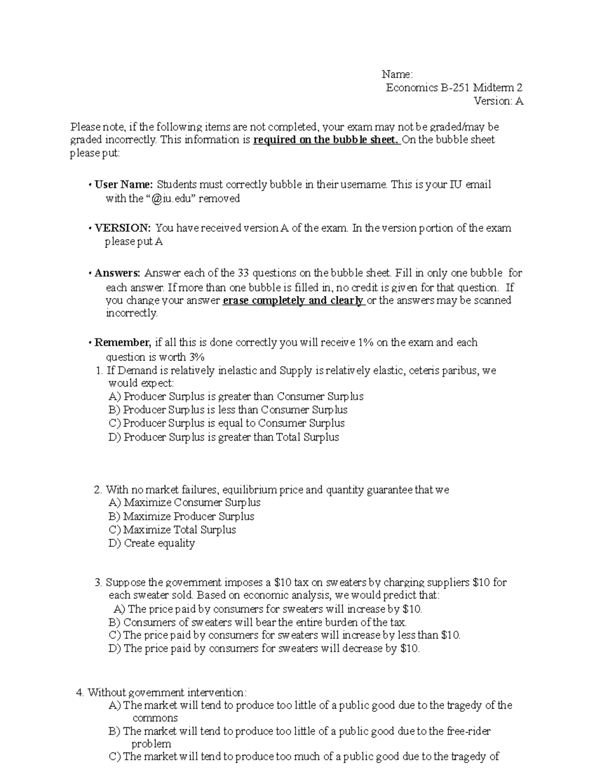 Fall 251 Midterm 2 Version A Name Economics B 251 Midterm 2 Version