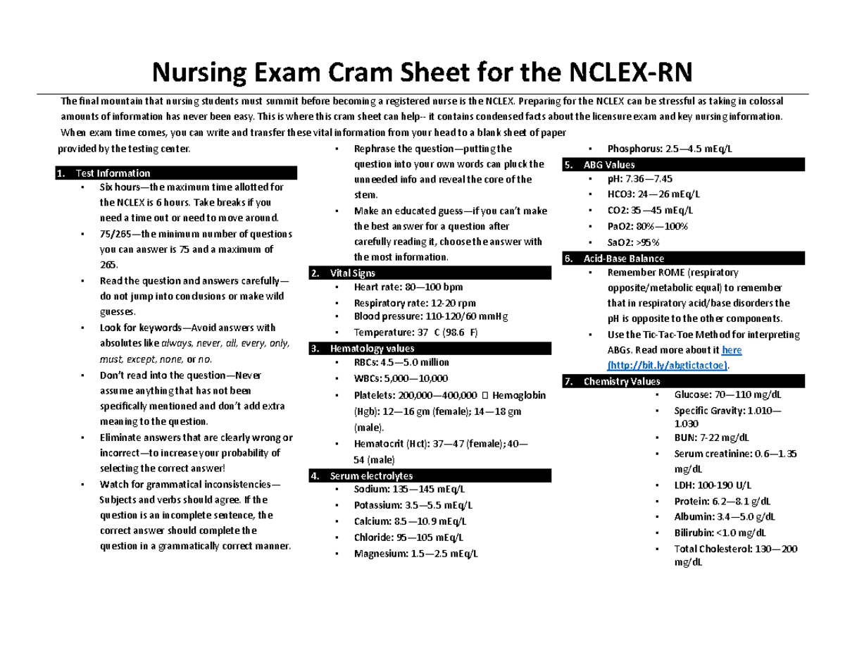 NCLEX Final Exam Cram Sheet: Essential Nursing Review Guide - Studocu