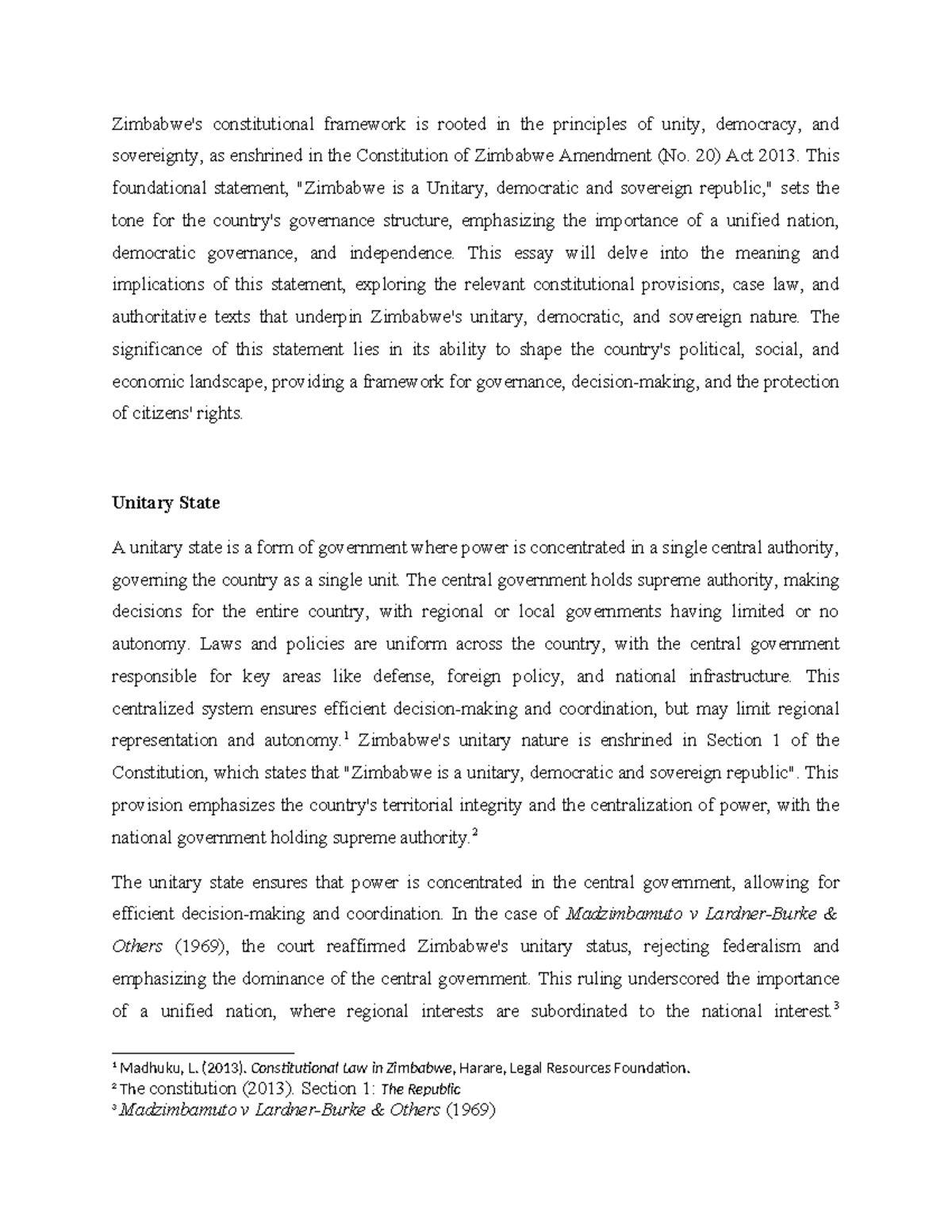 Constitutional Law Essay: Zimbabwe's Unitary & Democratic Republic ...