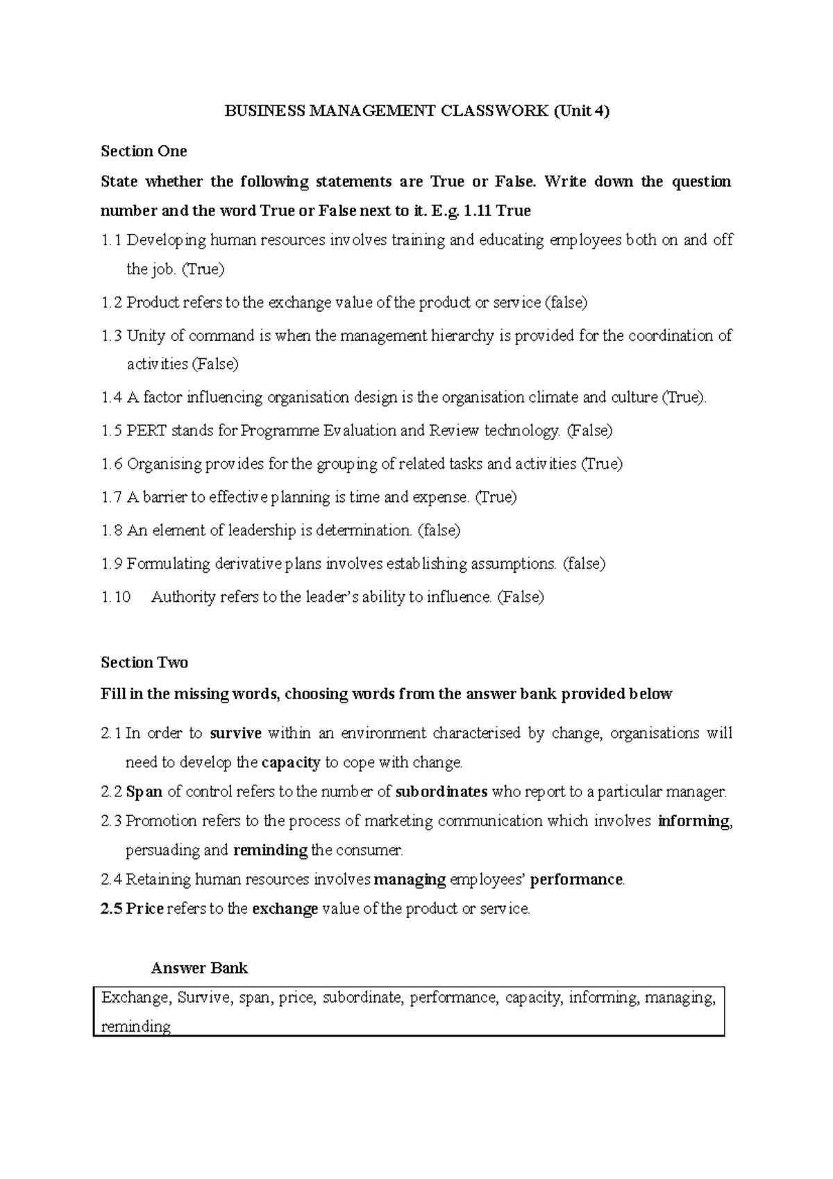 Intro to BMG Classwork Unit 4 Answers - BUSINESS MANAGEMENT CLASSWORK (Unit 4) Section One State ...