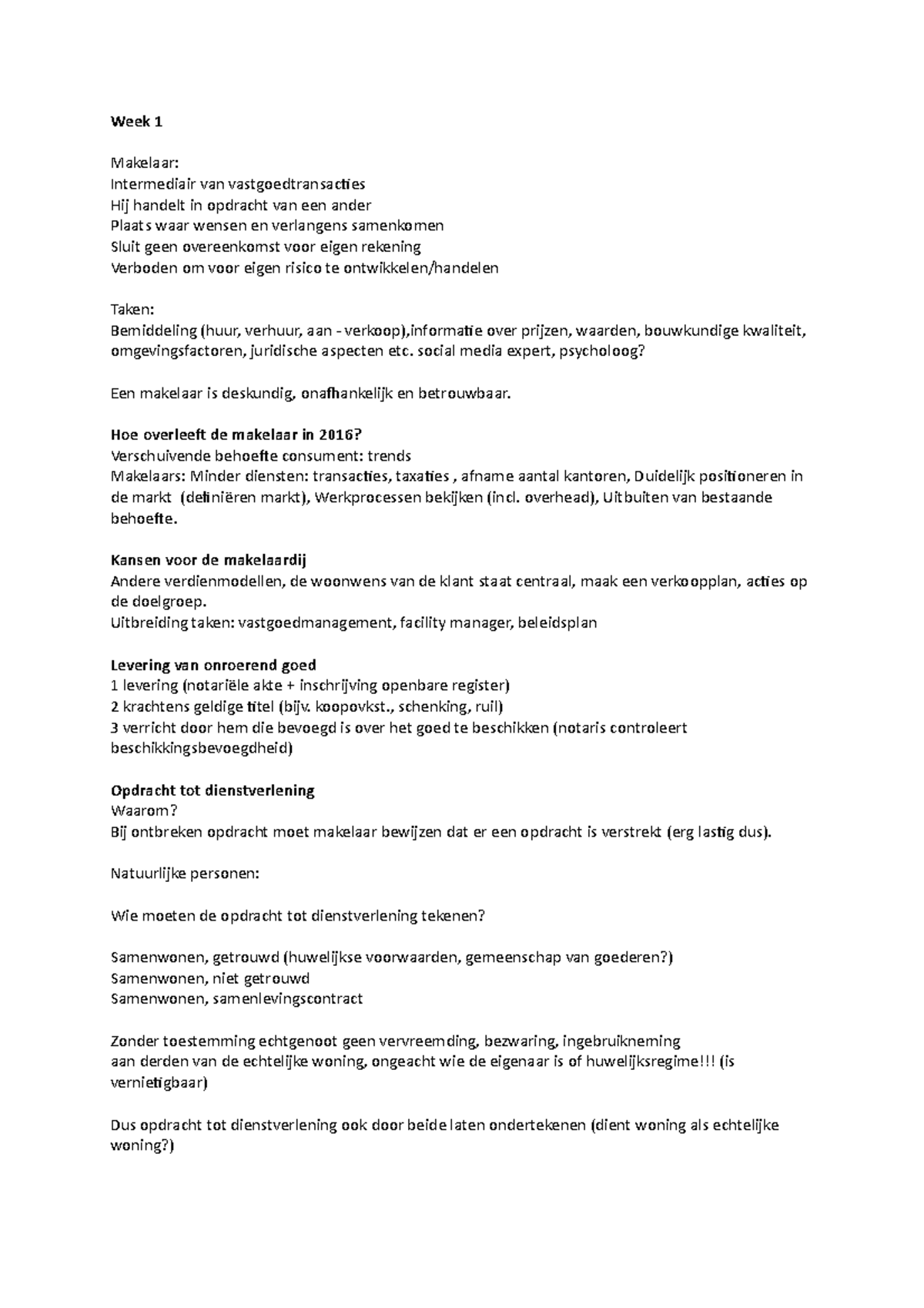 Samenvatting Week 1: Bemiddelen en Waarderen in Vastgoedtransacties ...