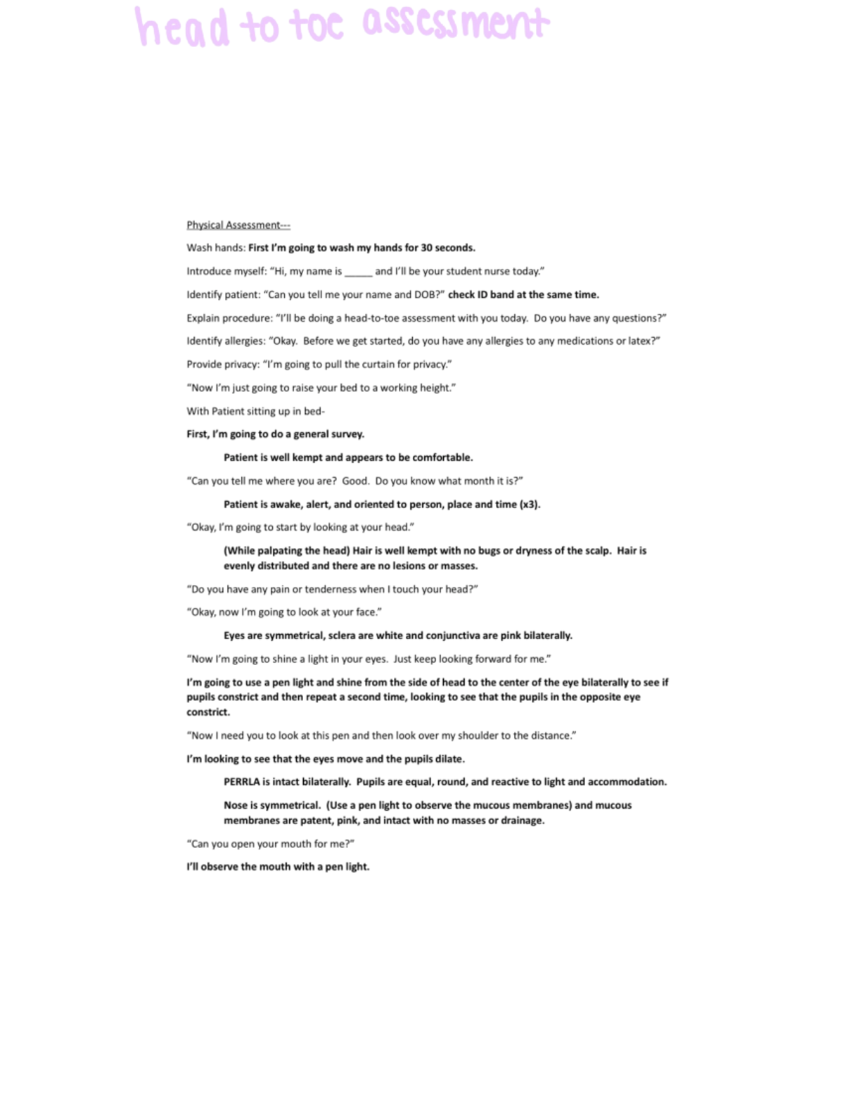 Head to Toe Assessment Script Guide - Studocu