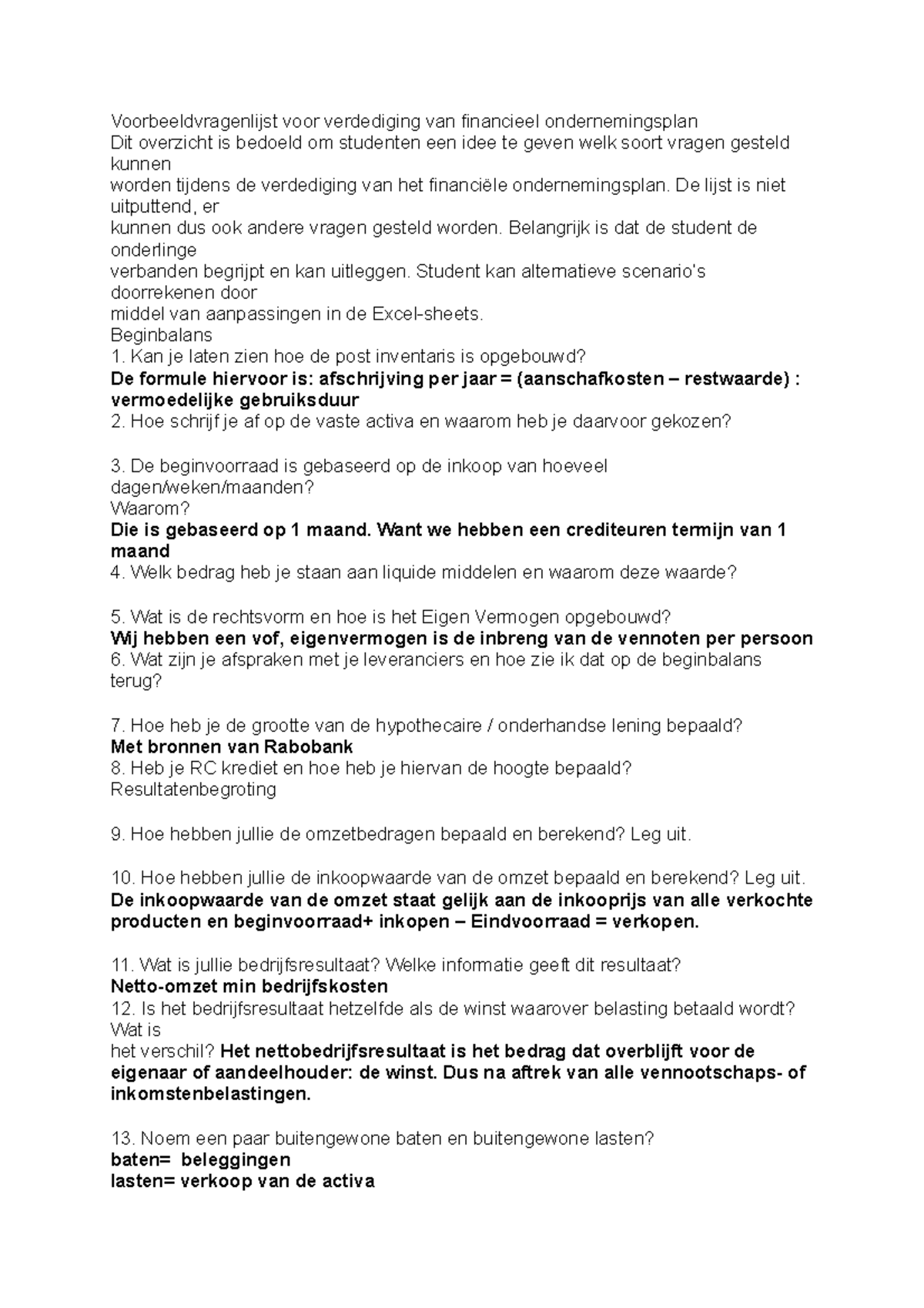 Voorbeeldvragenlijst verdediging financieel ondernemingsplan (FOB2101 ...