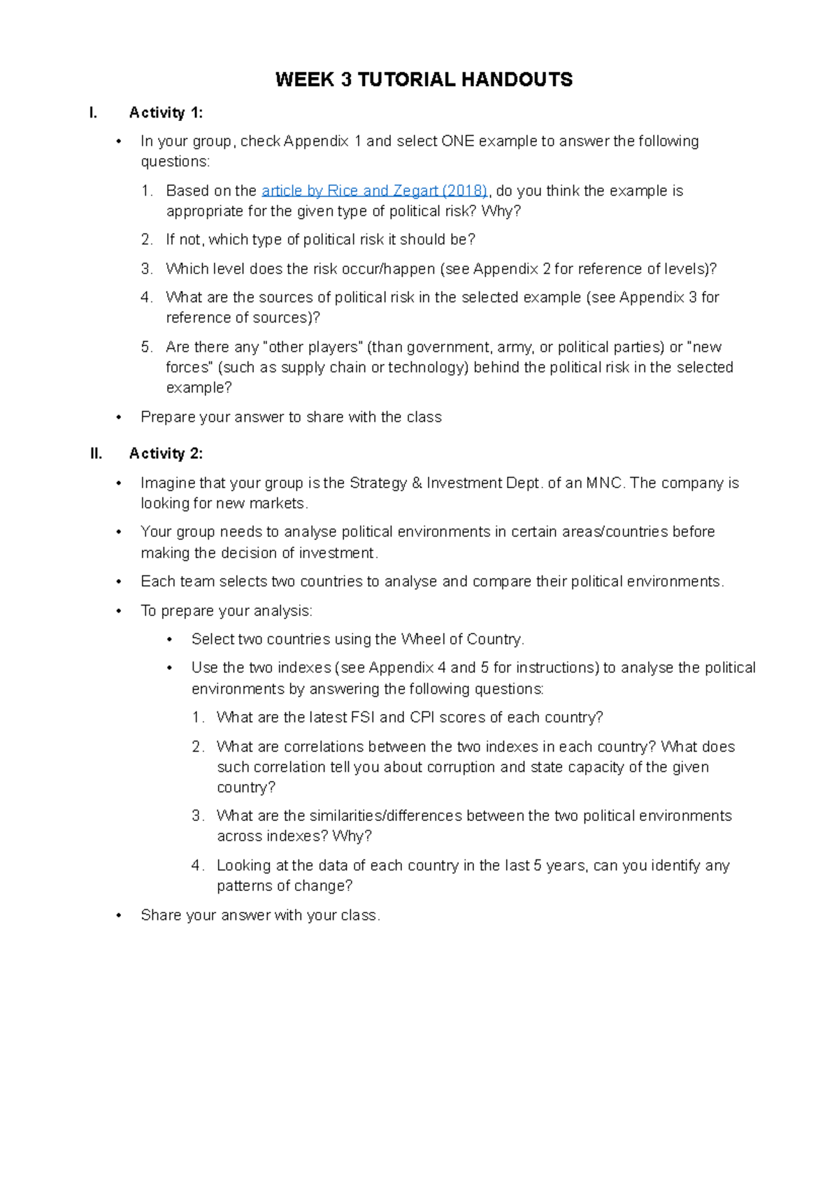 Week 3 Tutorial Handout - WEEK 3 TUTORIAL HANDOUTS I. Activity 1: - In ...